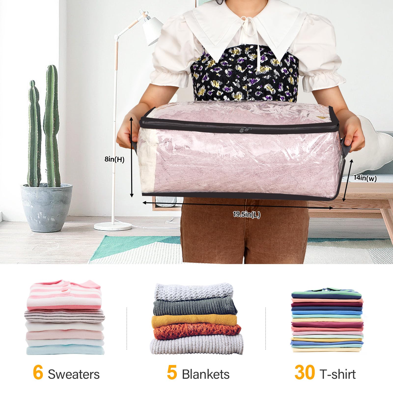 Fixwal 2pcs Clear Clothes Organizer Storage Bags, Foldable Bed Sheet Comforter Storage Bags PVC Organizers with Zipper for Sweaters, Bedding Sets, Closet(35l, 9.5 Gallons)