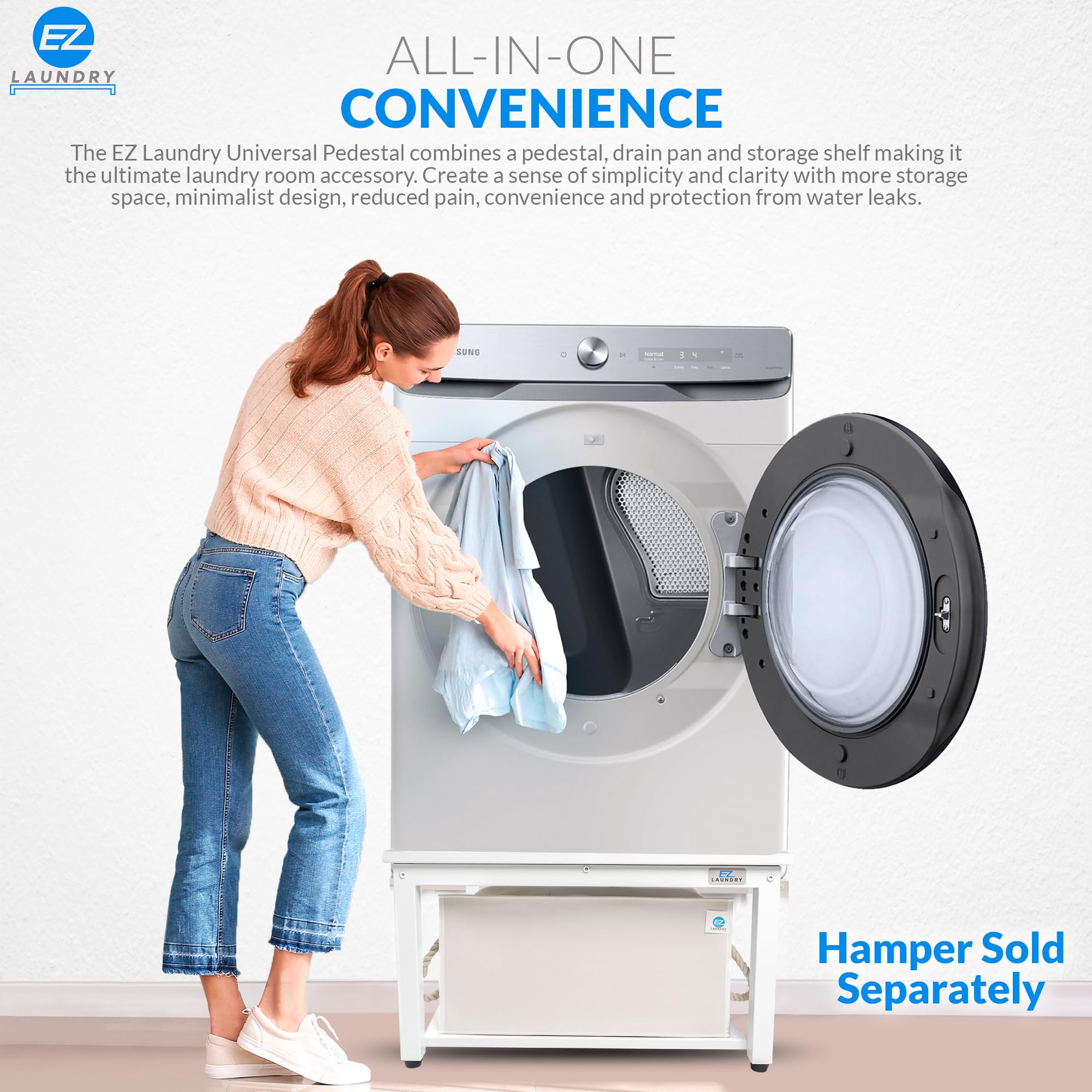 EZ Laundry | Upgraded 29β Universal Laundry Pedestal β 700lbs Capacity, Raises 16β with Built-in Drain Pan + Hose, Adjustable Feet, Anti-Vibration, Steel & Storage Shelf for Washer & Dryer (White)