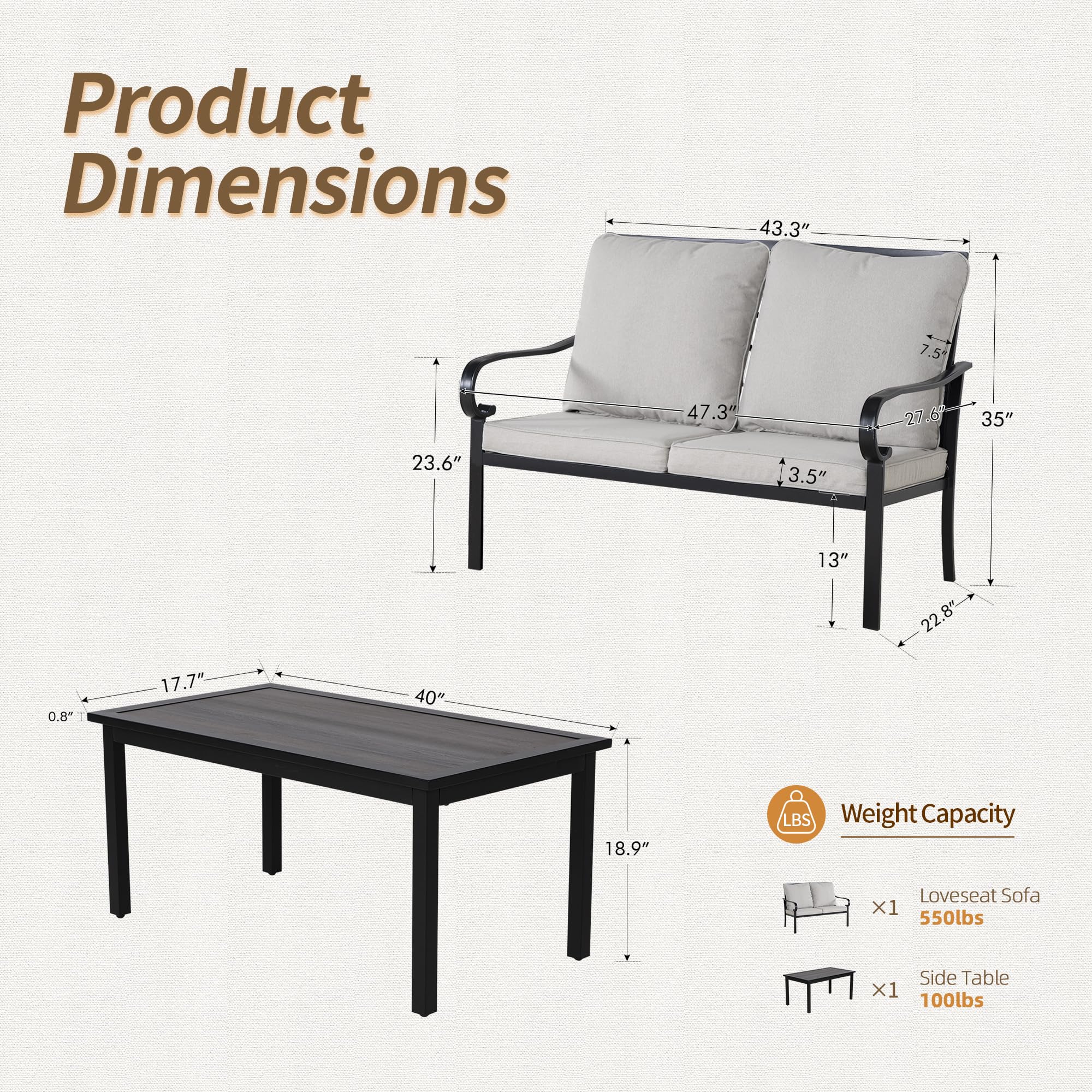 MEOOEM Patio Sofa Conversation Furniture Outdoor Loveseat with Table, Metal Frame with Gray Cushions for Porch Balcony Deck