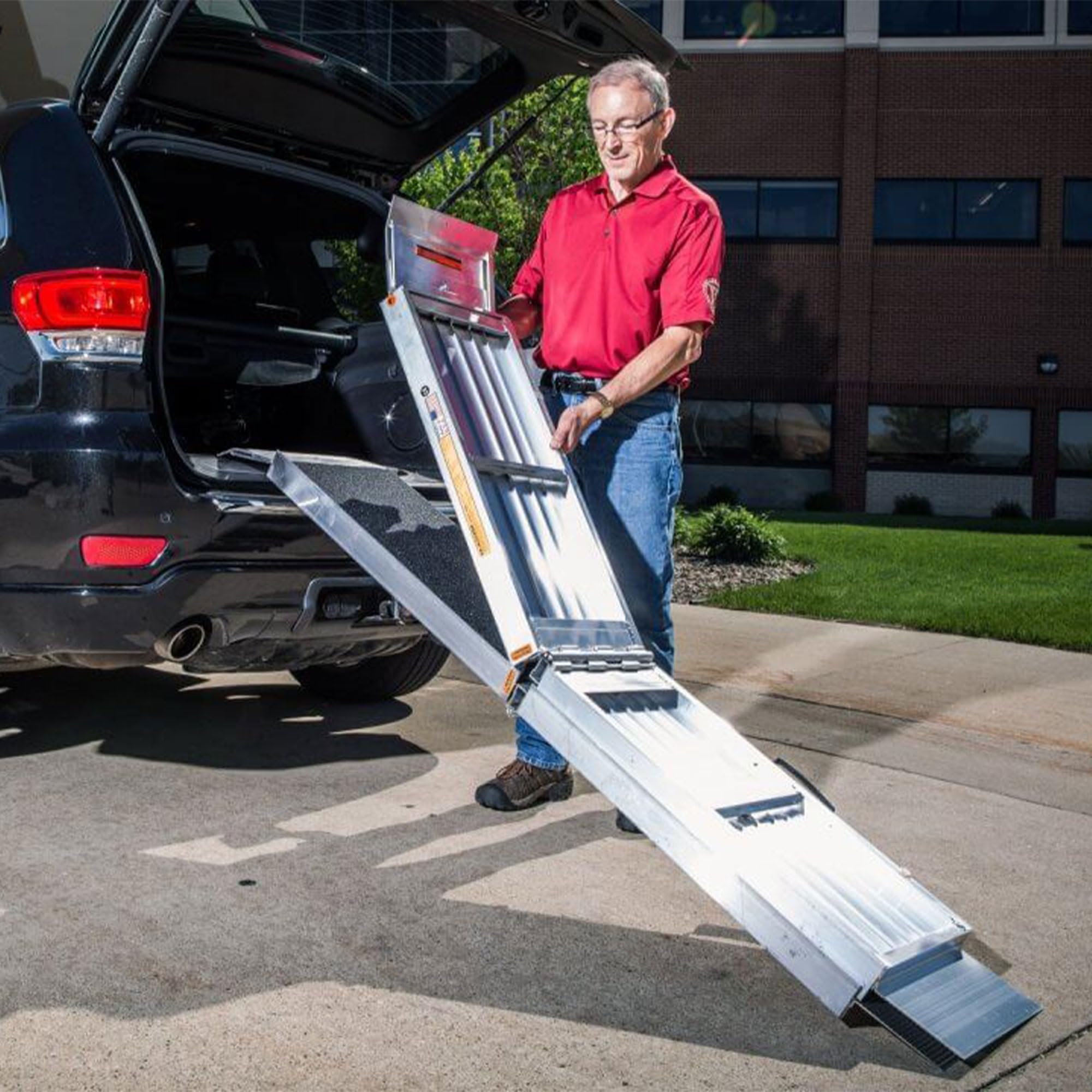 EZ-ACCESS SUITCASE 6 Foot Trifold Portable Aluminum Folding Ramp with Applied Surface That Resists Slips and Self Adjusting Bottom Transition Plates