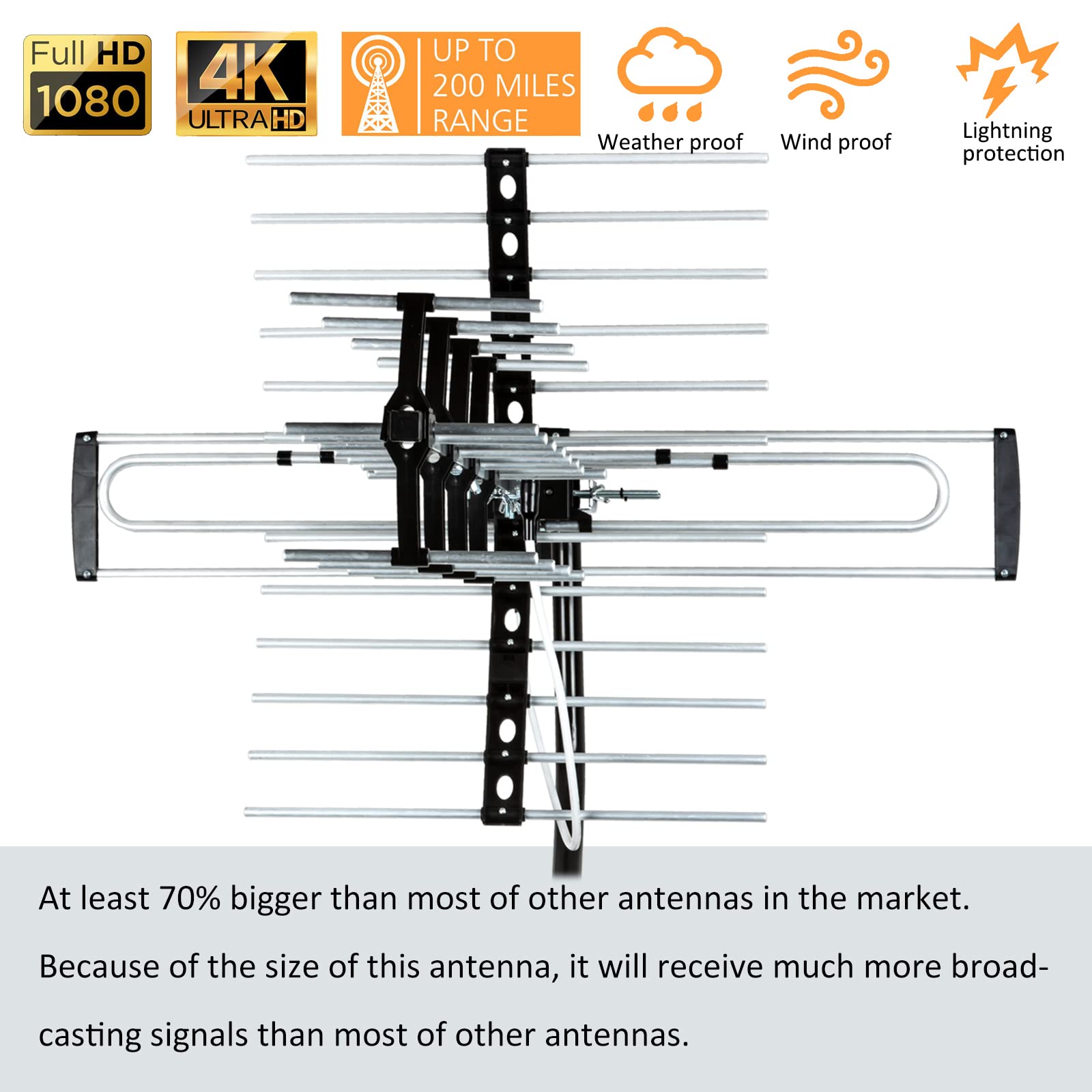 Five Star Outdoor HDTV Antenna up to 200 Mile Long Range, Attic or Roof Mount TV Antenna, Long Range Digital OTA Antenna,ATSC 3.0 Ready for 4K 1080P VHF UHF with Mounting Pole