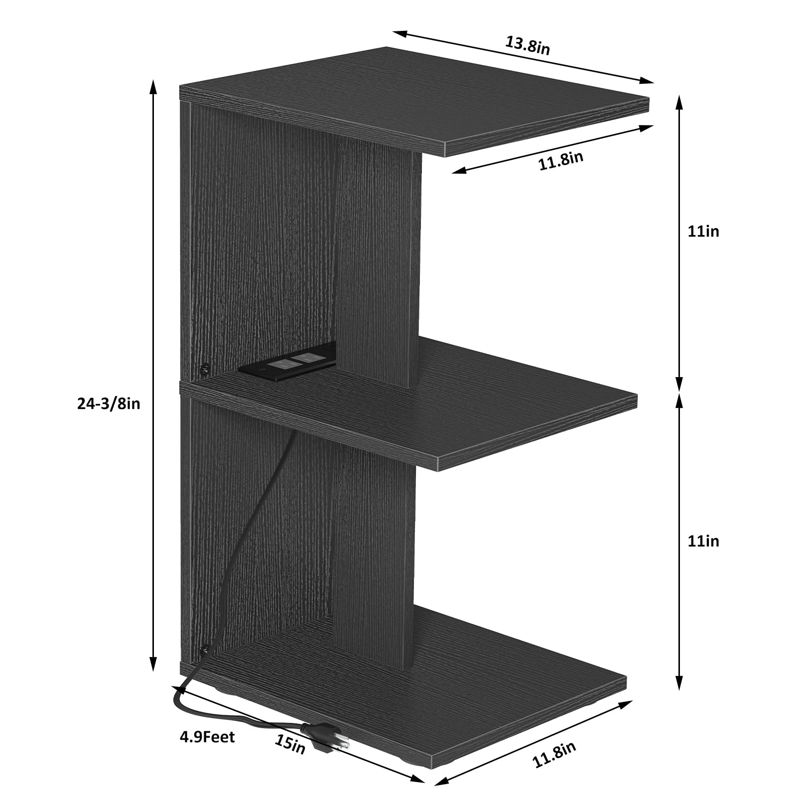 Fixwal End Table with Charging Station, Modern 3-Tier Narrow Side Table, Bedside Table with USB Ports and Outlets, Rolling Bedside Nightstand with Storage Shelf, for Living Room, Bedroom, Black