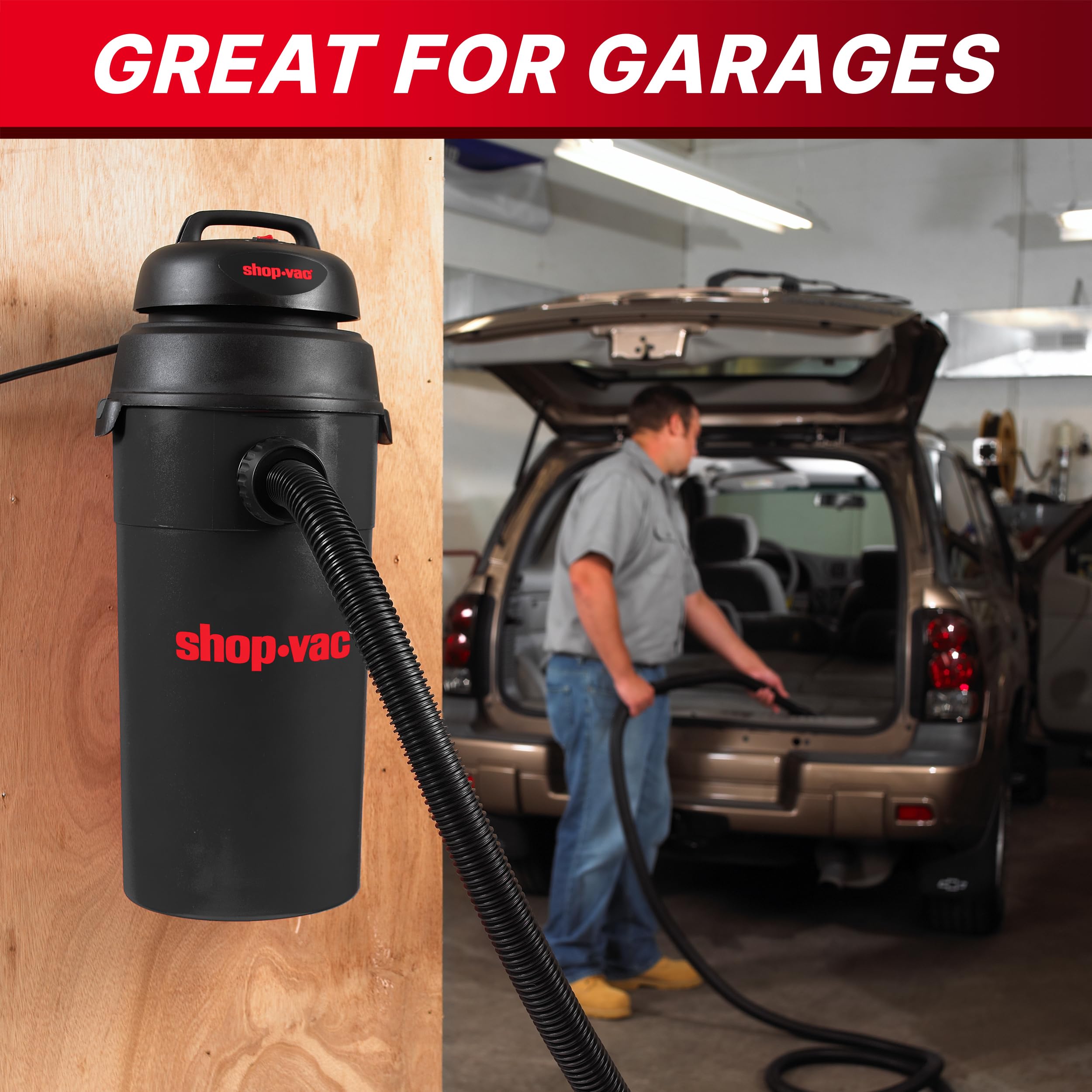 Shop-Vac 9522205 5 Gallon 5.5 PHP Wall-Mounted Wet/Dry Vac, 18 Ft Lock-On Hose, Includes Nozzles and Storage Bag, Ideal for Garage and Workshop
