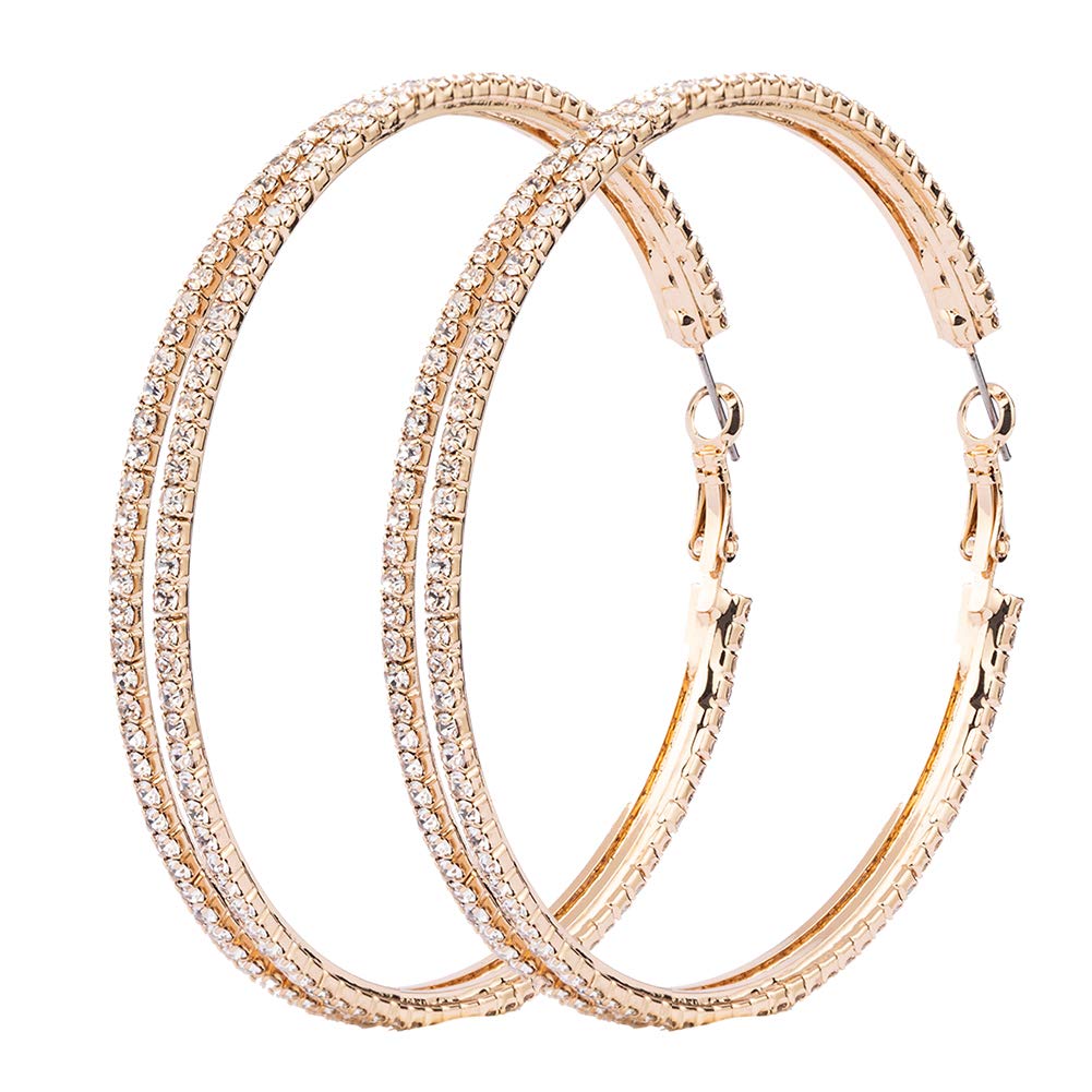 Extra Large Rhinestone Hoop Earrings – 2.67 Inch Oversized Big Huge Crystal Lightweight Hoop Earrings for Women (Gold)