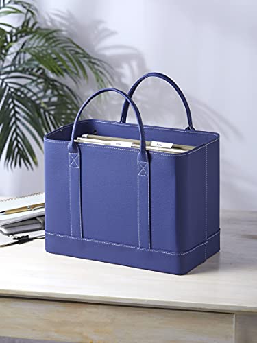 MSR Imports Chic Faux Leather File Organizer Tote Bag with Carrying Handles - Navy Blue