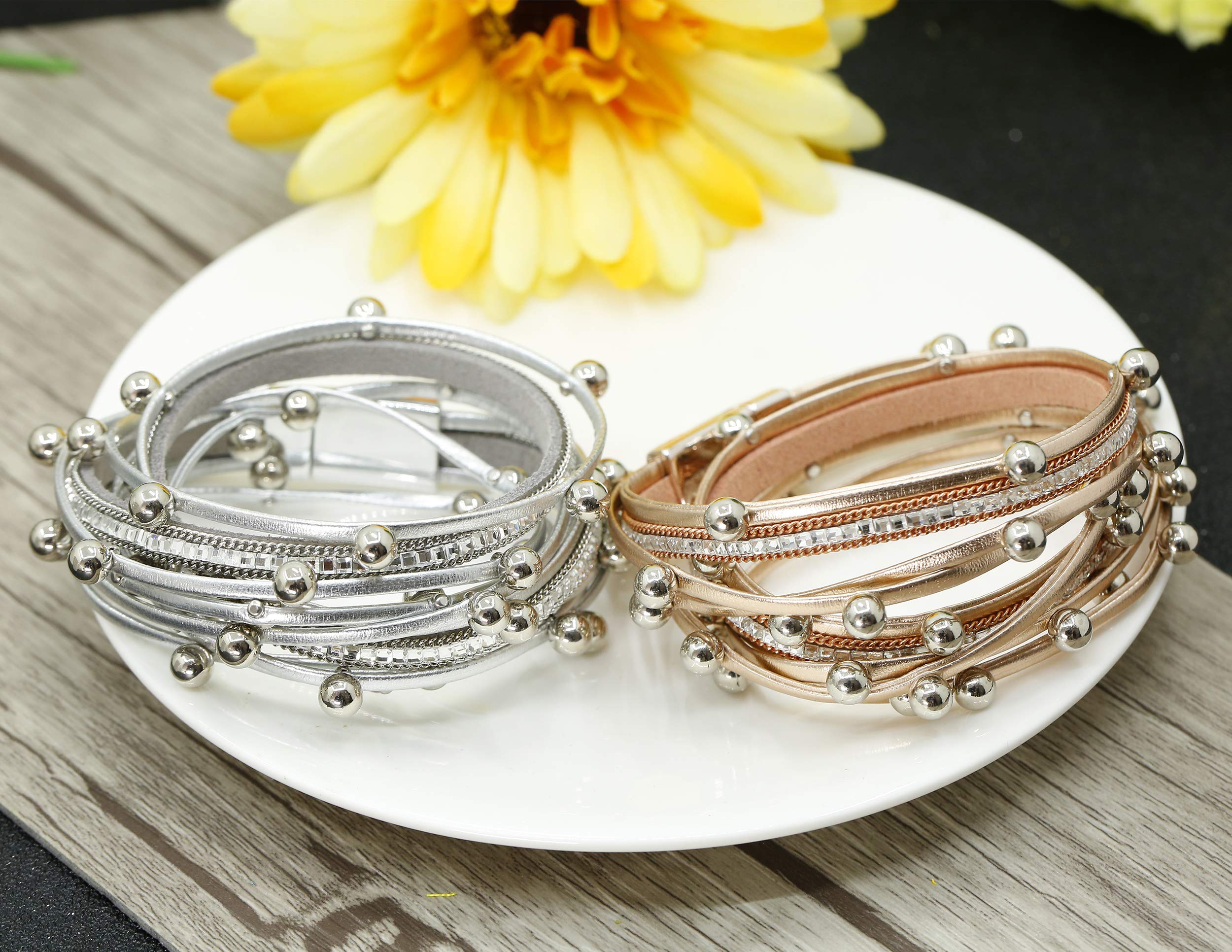 FINREZIO 2 PCS Silver&Rose Gold Tone Multilayer Wrap Bracelets For Women Girls Leather Cuff Bracelets Fashion Boho Bead Charm Stackable Bracelets Set