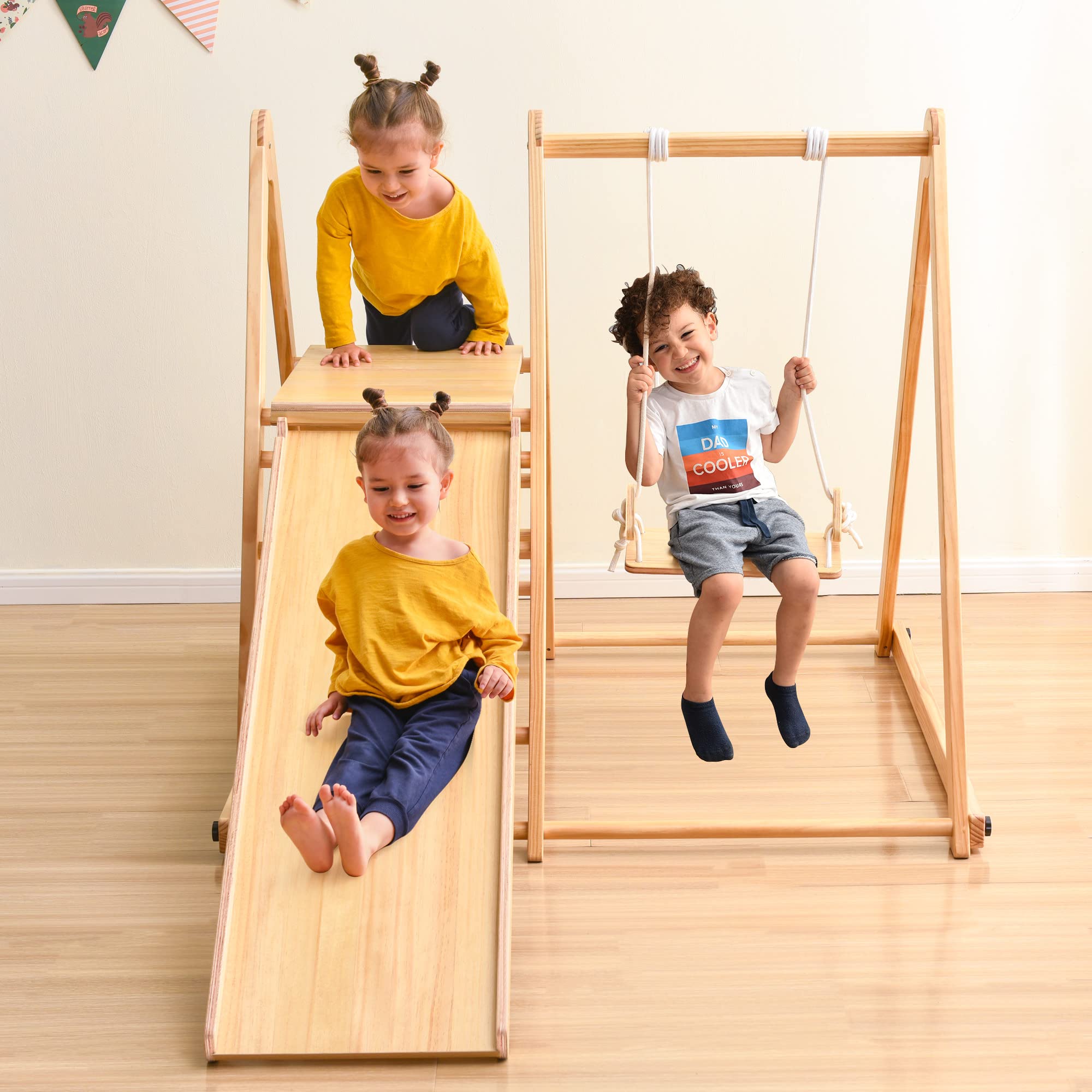 Merax 7-in-1 Swedish Ladder, Multifunctional Wall Bar for Kids, Indoor Climbing, Slide, Swing, for Toddlers 3+