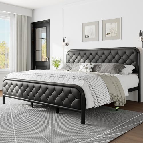 Feonase Queen Metal Platform Bed Frame with Faux Leather Tufted Headboard, 12" Storage, Steel Slats - No Box Spring Needed, Black