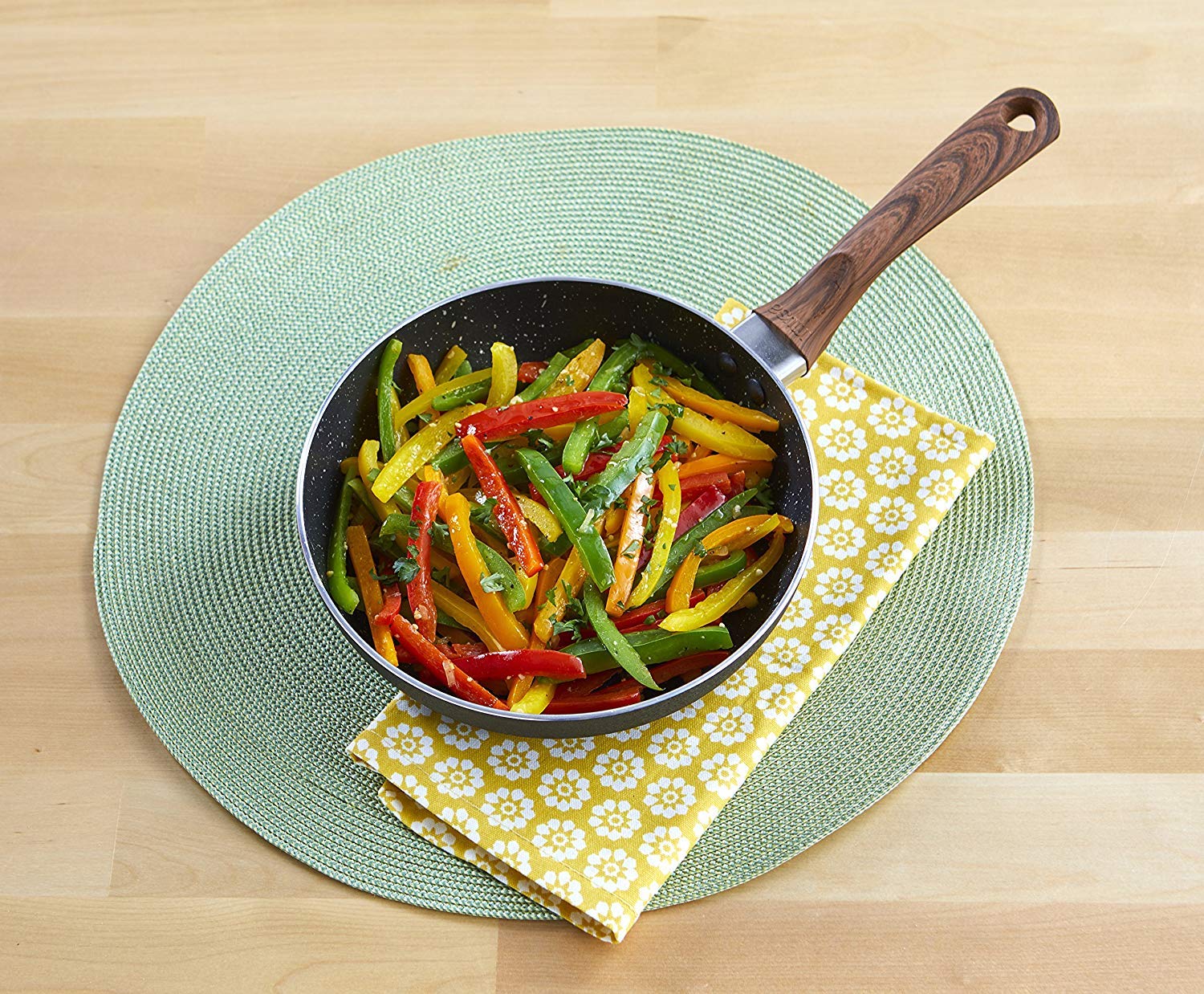 IMUSA USA 9.5" Black Stone Nonstick Fry Pan with Woodlook Handle and Speckled Nonstick Interior