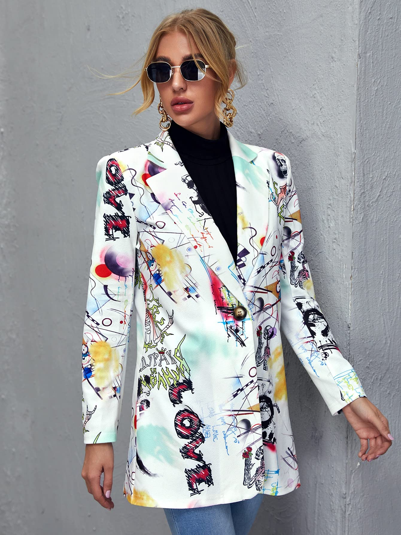 Floerns Women's Casual Long Sleeve Pop Art Colorful Blazer Graphic Work Suit Jacket Multi 1 XL