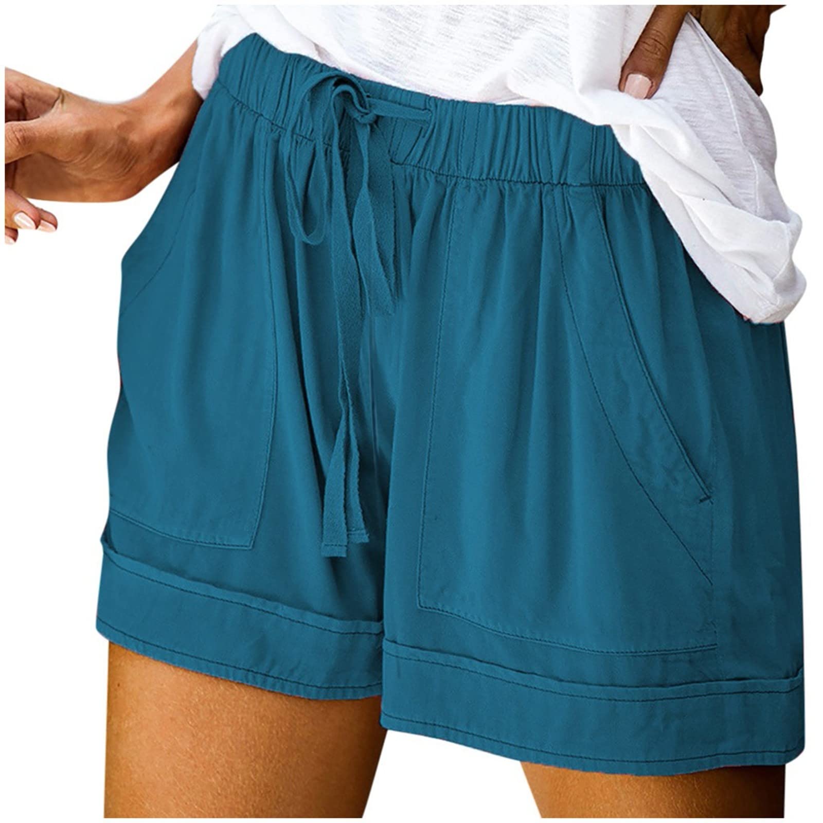 minjiSF Pants Waist Splice Shorts Pocketed Comfy Womens Elastic Loose Drawstring Casual Pants Women Shorts Set Blue