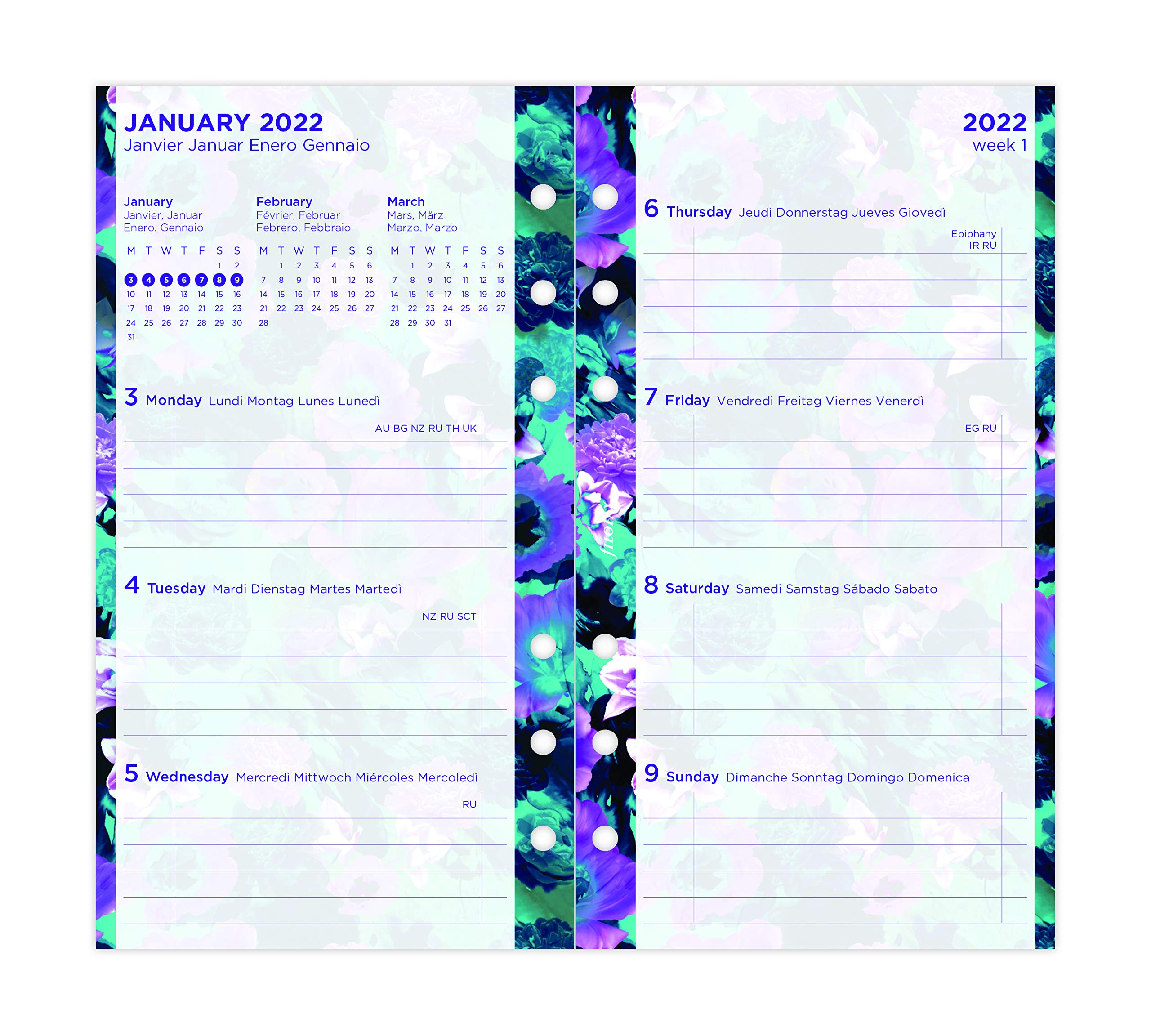 Filofax Personal Illustrated Floral Week on 2 Pages 2022 Diary Pack
