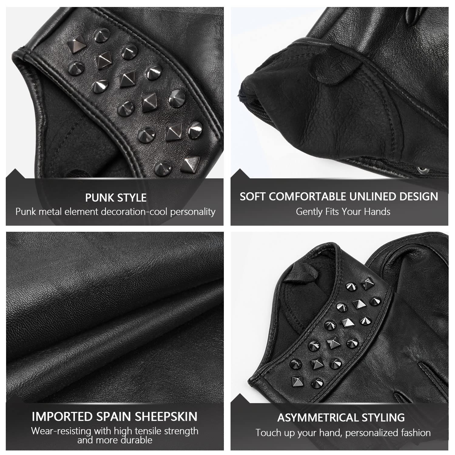 FIORETTO Womens Fingerless Leather Gloves for Driving Unlined Half Finger Punk Gloves for Motorcycle, Goth Cosplay Costume Black Large