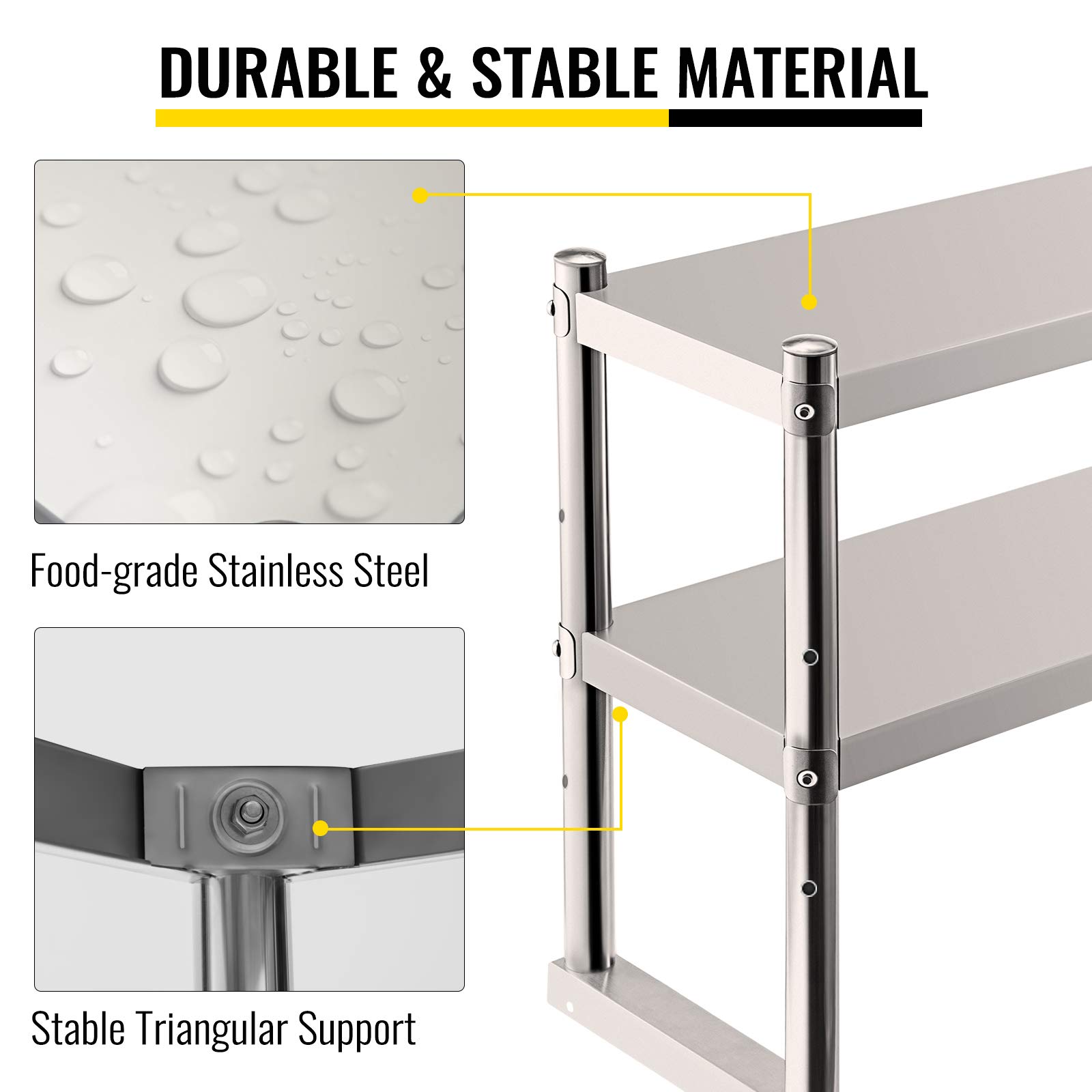 VEVOR Double Overshelf, Double Tier Stainless Steel Overshelf, 60 in. Length x 12 in. Width Double Deck Overshelf, Height Adjustable Overshelf for Prep & Work Table in Kitchen, Restaurant and Workshop