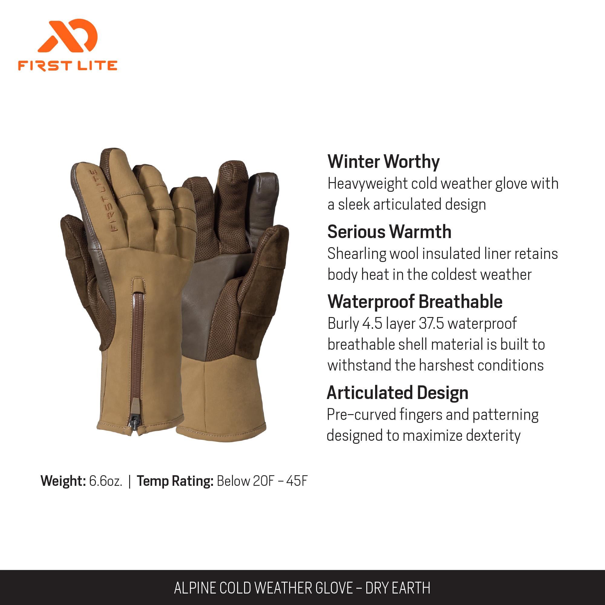 First Lite Alpine Cold Weather Glove - Wool Insulated Waterproof Camo Hunting Gloves - First Lite Cipher - Small