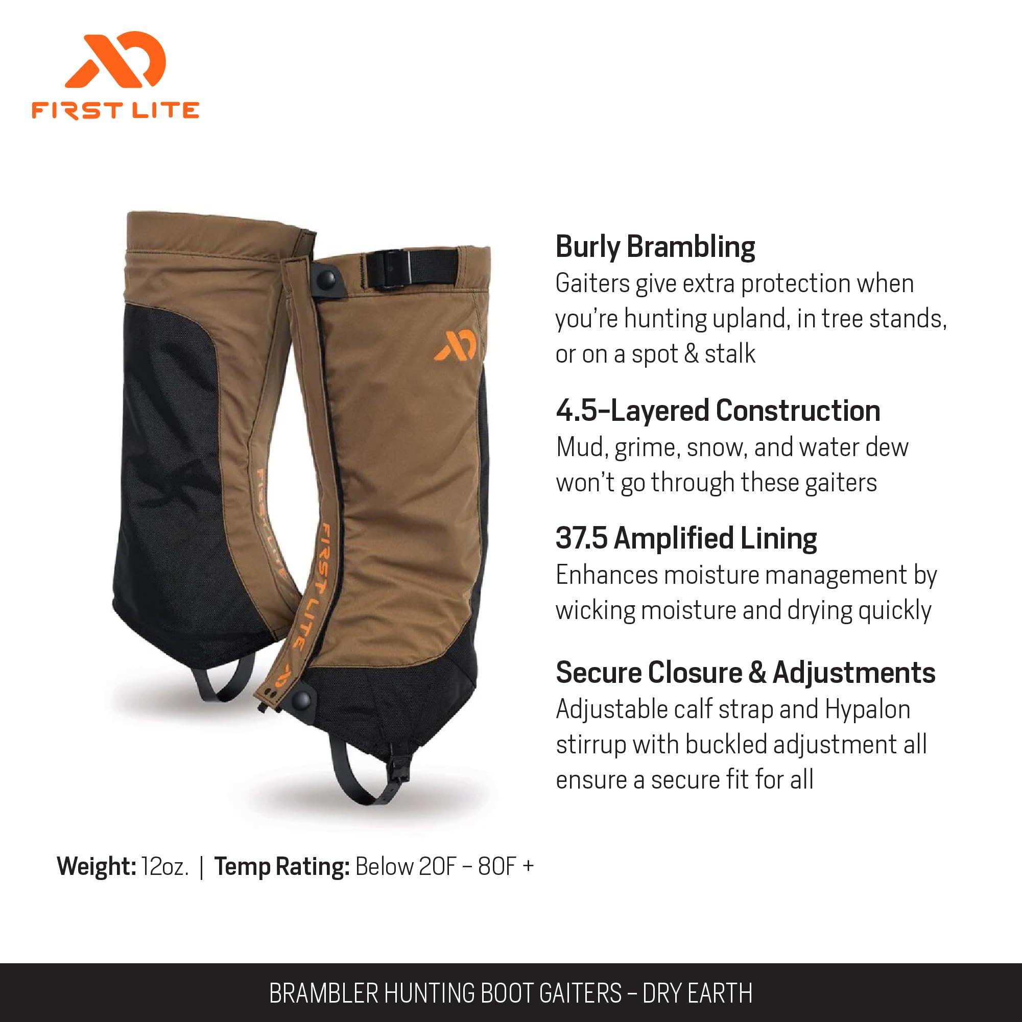 First Lite Brambler Hunting Boot Gaiter - Durable Waterproof Hunting Gaiters - Dry Earth - Large