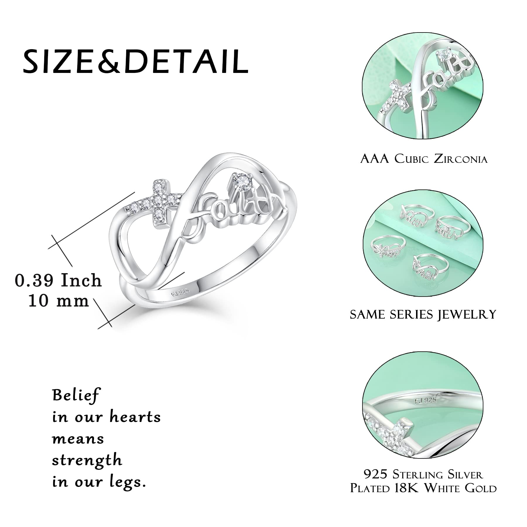 FJ Infinity Faith Ring For Women Sterling Silver Christian Ring with Cross (Size 11)