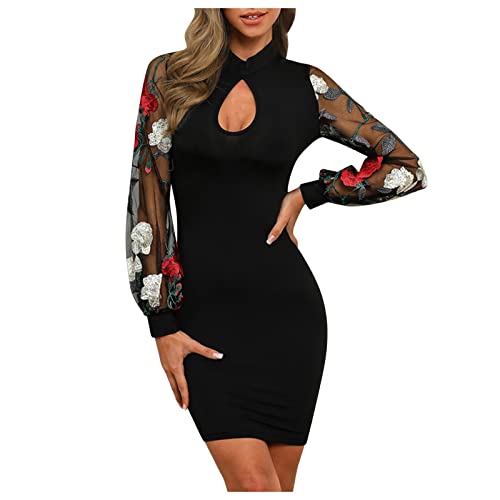 Floral Mesh Long Sleeve Wrap Dress Womens Hole Crewneck Patchwork Slim Mini Dress Printed Elegant Prom Dress Black