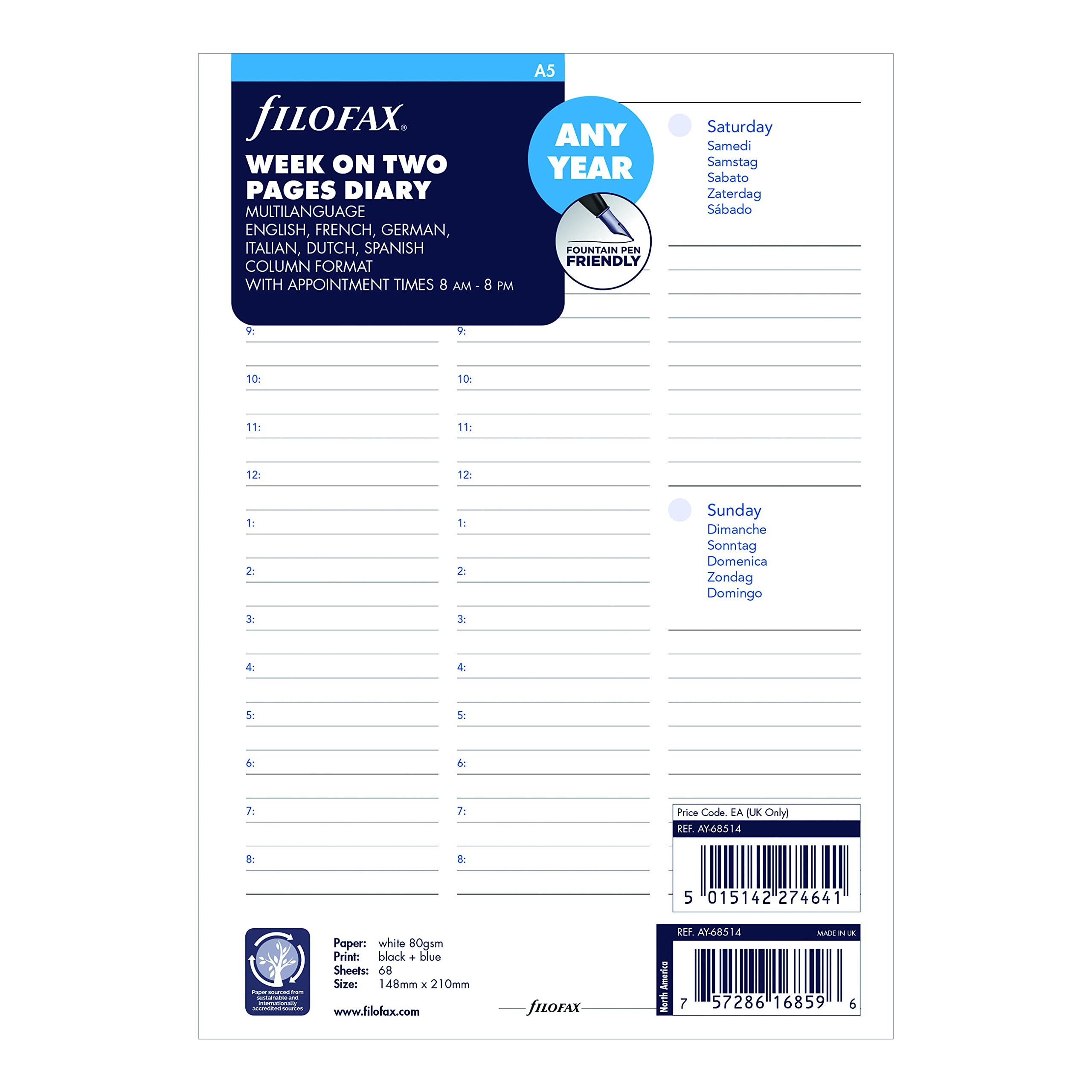 Filofax Refill, A5 Size, Week-to-View with Appointments, White Paper, Undated, Multilingual: Six Languages, Any Year, 5.75 inches X 8.25 inches, (CAY68514-2019)