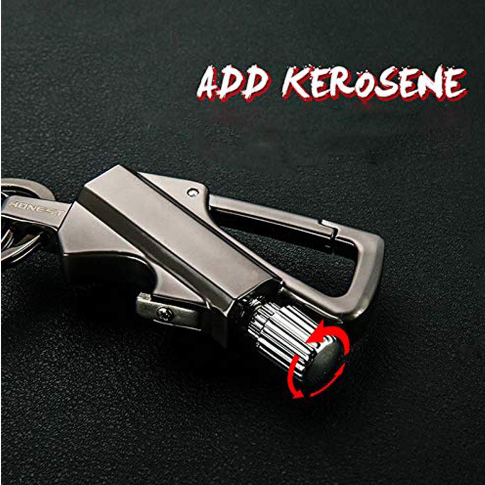 Flint Metal Permanent Match Fire Starter and Bottle Opener Car Keychain Kerosene Fillable Lighter Gift Male Female Outdoor(Kerosene not Include) (Black)