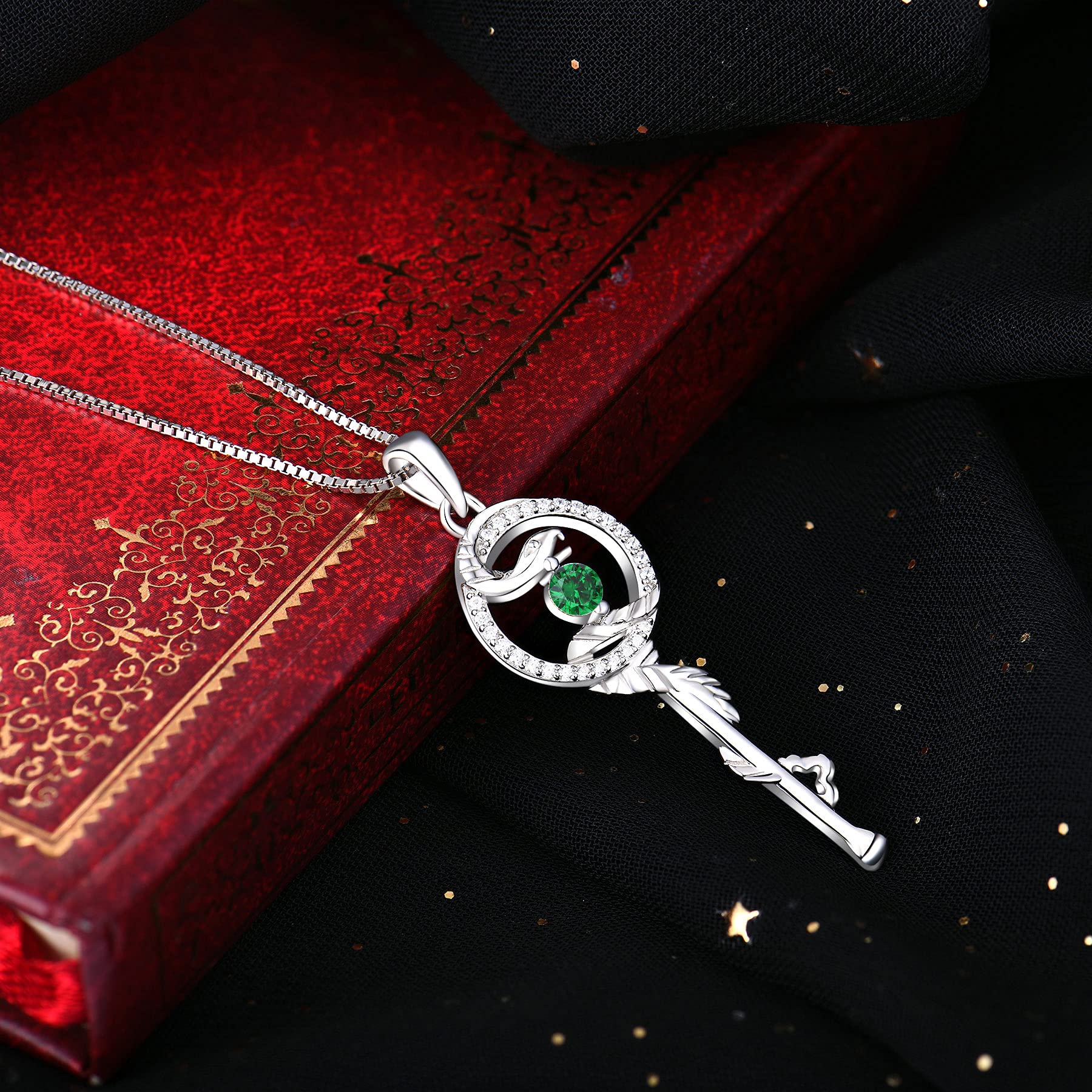 FJ Snake Key Pendant Necklace May Emerald Birthstone Women Wicca Jewelry