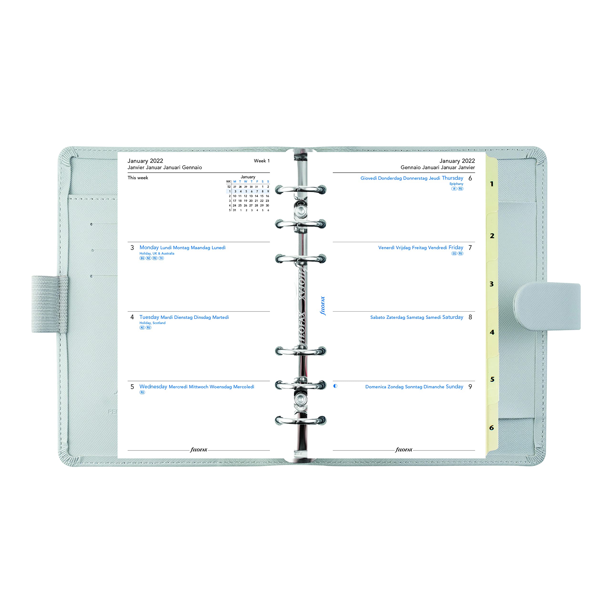 Filofax Saffiano Organizer, Personal Size, Granite - Cross-Grain, Leather-Look, Six Rings, Week-to-View Calendar Diary, Multilingual, 2022 (C028805-22)