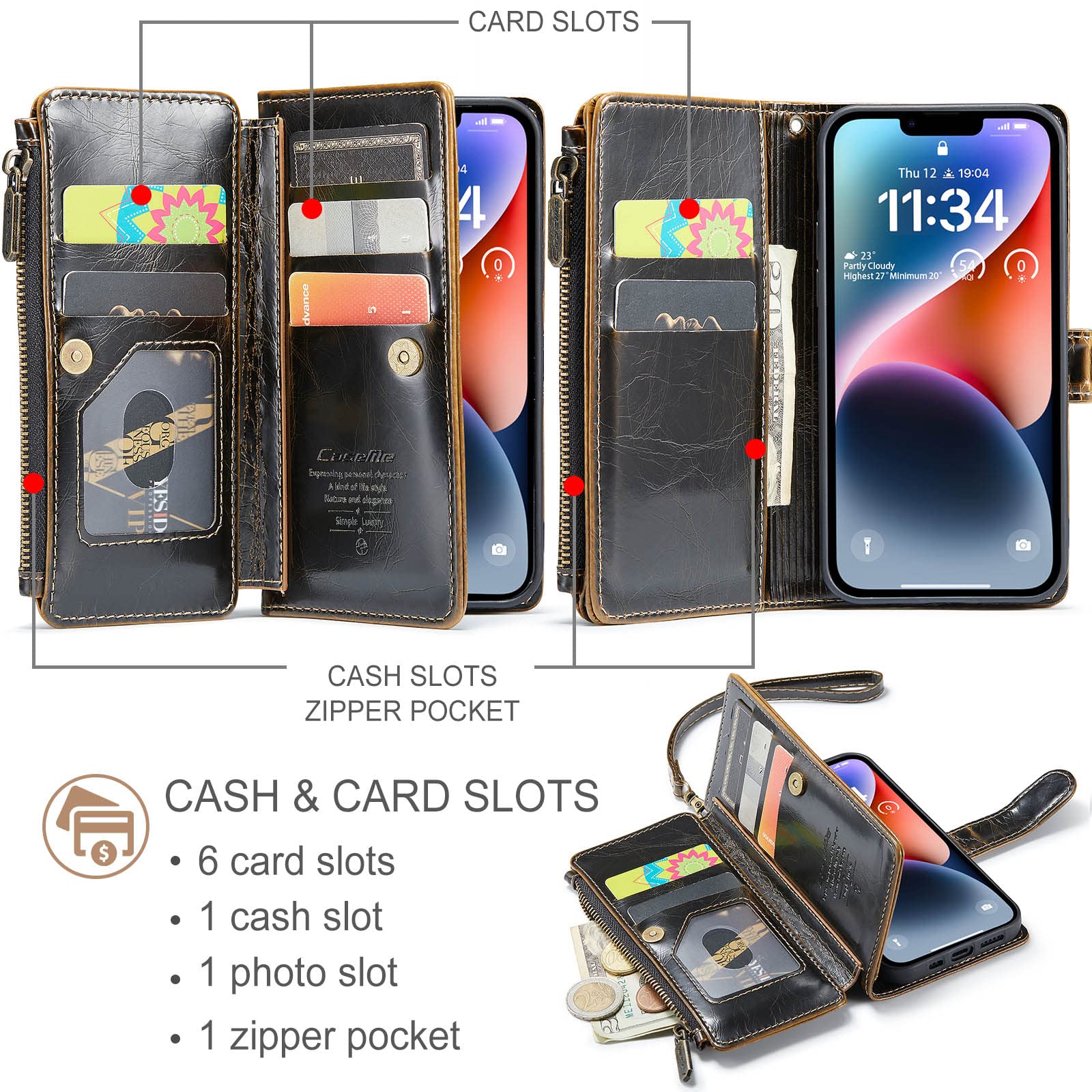 FLIPALM Wallet Case for iPhone 14 Pro(6.1") Flip Case,Compatible with MagSafe Charger,PU Leather Zipper Protective Lanyard Strap Wristlet Case with Magnetic Closure and Card Holder Luxury Coffee