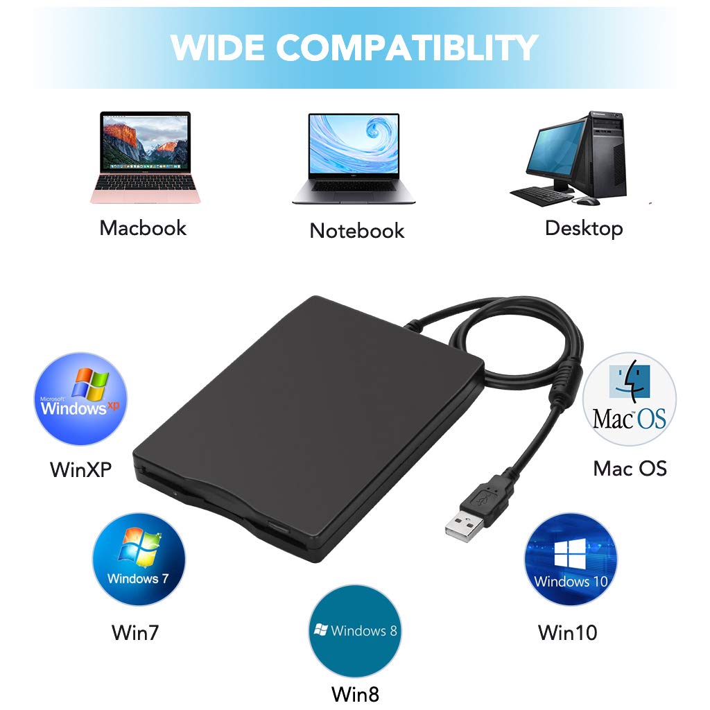 MthsTec USB Floppy Drive, 3.5" USB External Floppy Disk Drive 1.44 MB Slim Plug and Play FDD Drive for PC Windows 2000/XP/Vista/Windows 7/8/10/Mac(Black)