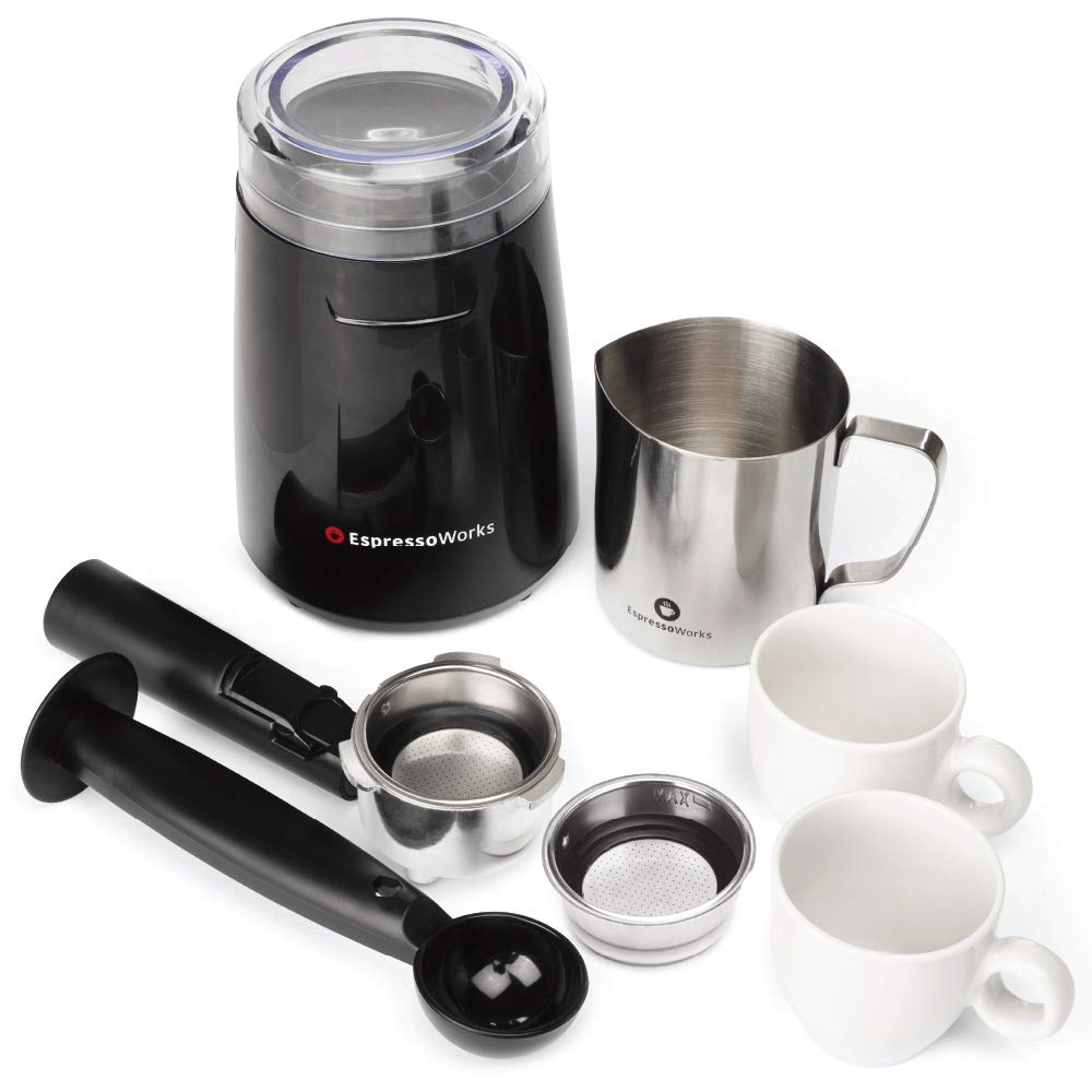 EspressoWorks All-In-One Espresso Machine with Milk Frother 7-Piece Set - Cappuccino Maker Includes Grinder, Frothing Pitcher, Cups, Spoon and Tamper - Coffee Gifts (Red)