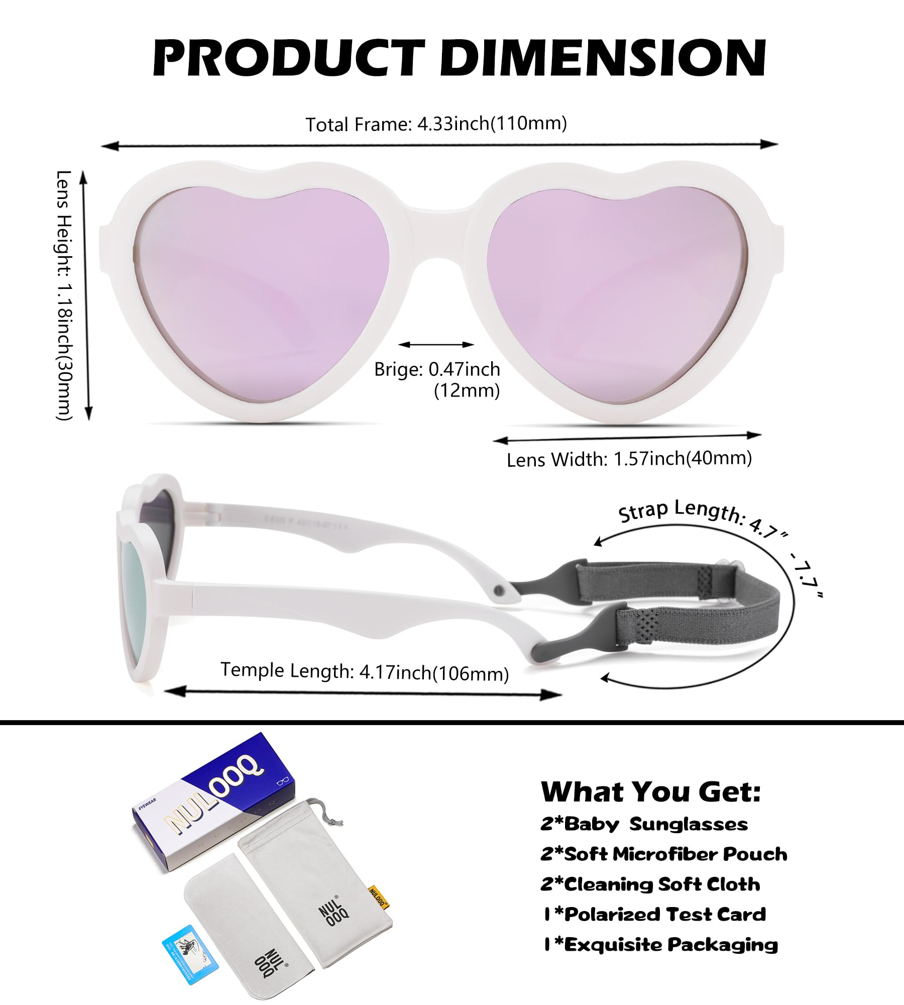 Flexible Heart Shaped Baby Polarized Sunglasses with Strap Adjustable Toddler & Infant Age 0-24 Months (White/Purple Mirrored + Pink/Pink Mirrored) - 2 Pack