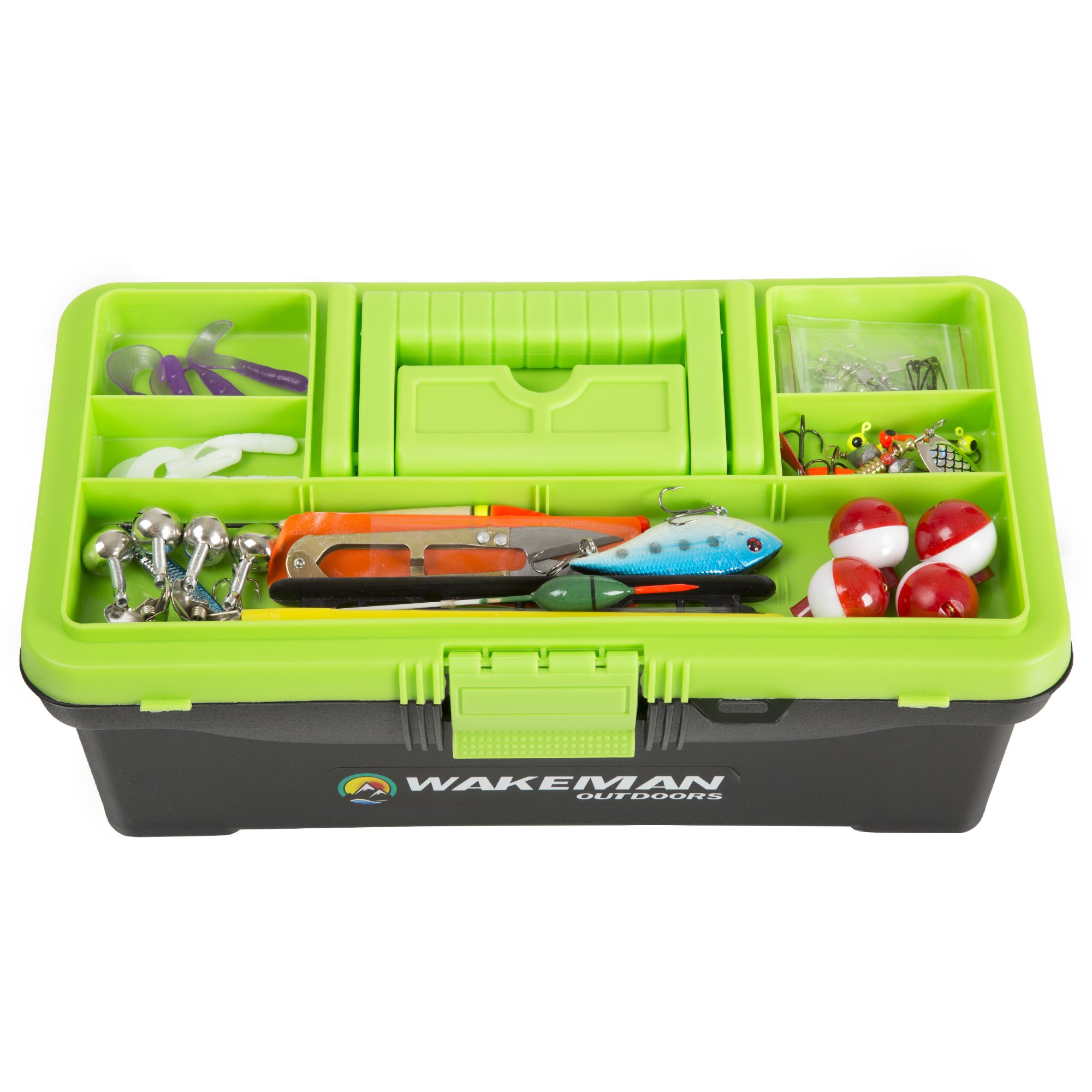 Fishing Single Tray Tackle Box- 55 Piece Tackle Gear Kit Includes Sinkers, Hooks Lures Bobbers Swivels and Fishing Line By Wakeman Outdoors Lime Green