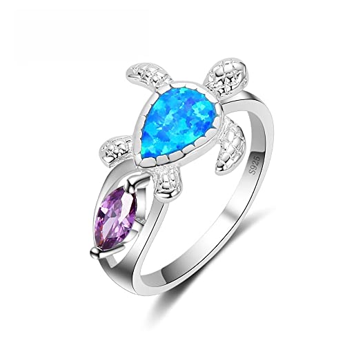 Fire Opal Ring Blue And Purple Color Wedding Band Luxury Turtle Jewelry 925 Sterling Silver Ring For Women