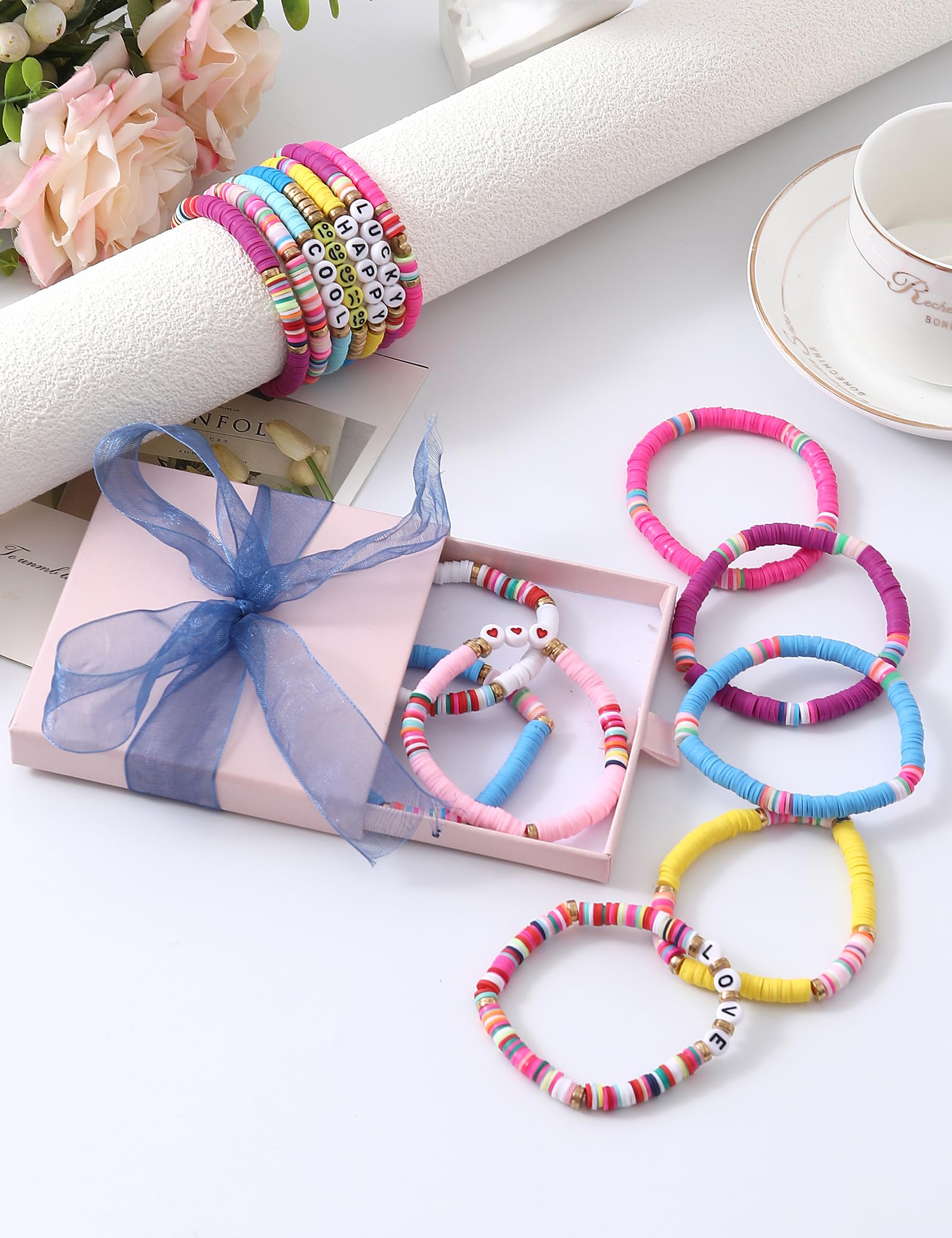 feixun Heishi Surfer Bracelets set - 6mm Polymer Clay Rainbow Bracelet Elastic Rope Bracelet, Boho Beaded Bracelet, Great for Beach, Vacation (12pc Heishi Surfer Bracelets B)