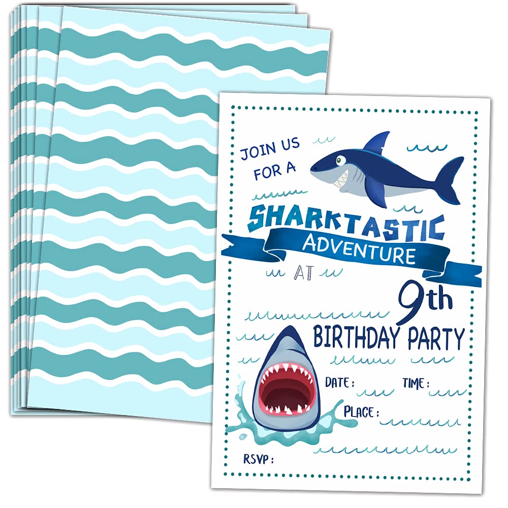 ukebobo 9th Birthday Party Invitations with Envelopes – Shark Birthday Party Invitations, Shark Party Decorations– 20 Cards With Envelopes(sy-09)