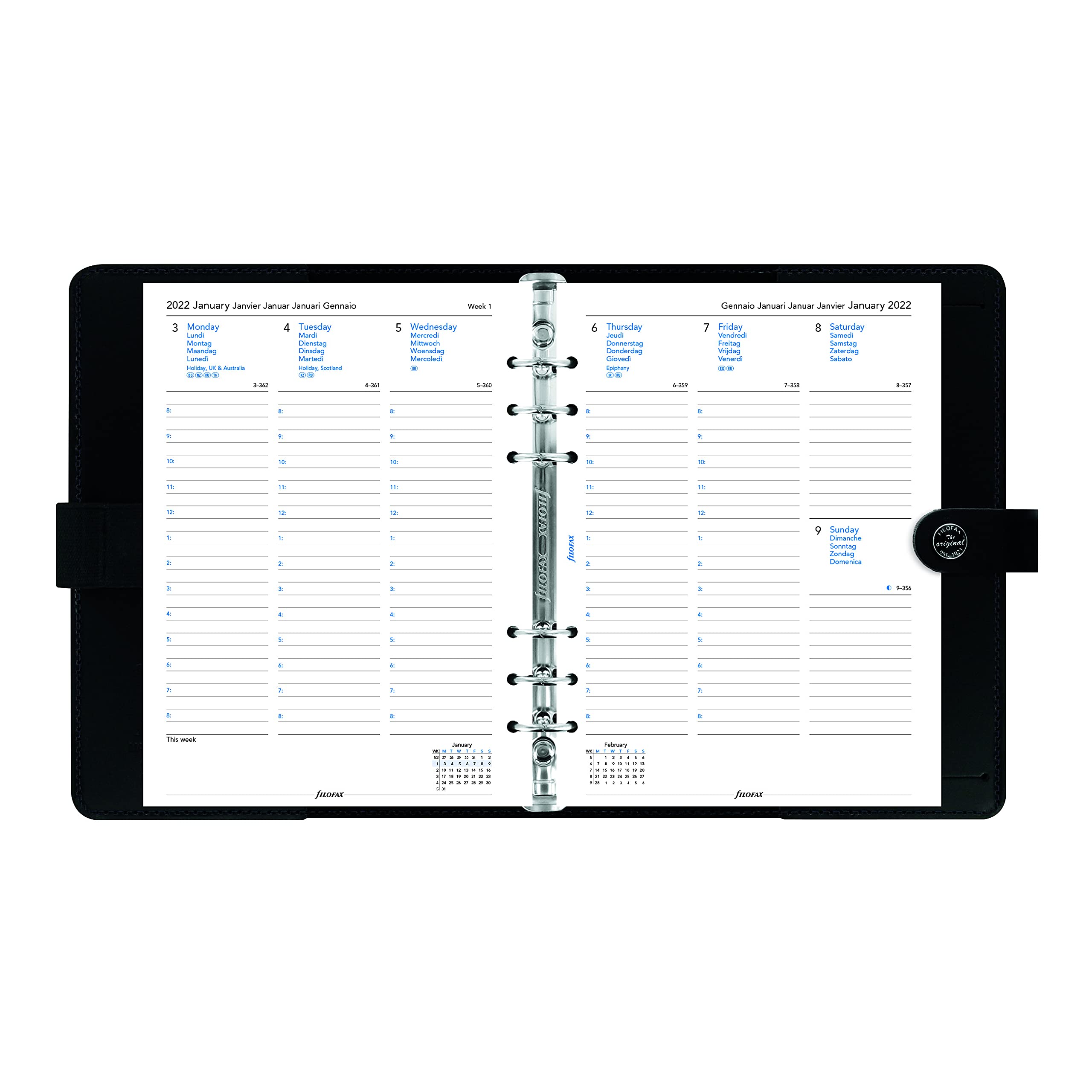 Filofax The Original Organizer, A5 Size, Black - Leather, Six Rings, Week-to-View Calendar Diary, Multilingual, 2022 (C022509-22), 5.75 inches X 8.25 inches