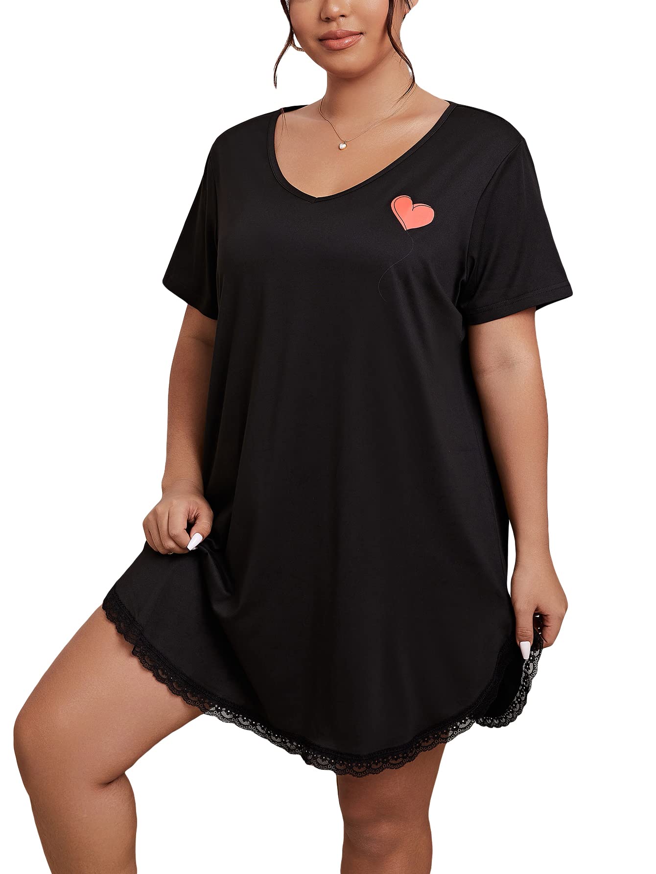 Floerns Women's Plus Size V Neck Short Sleeve Lace Trim Nightdress Sleepwear Black 3XL