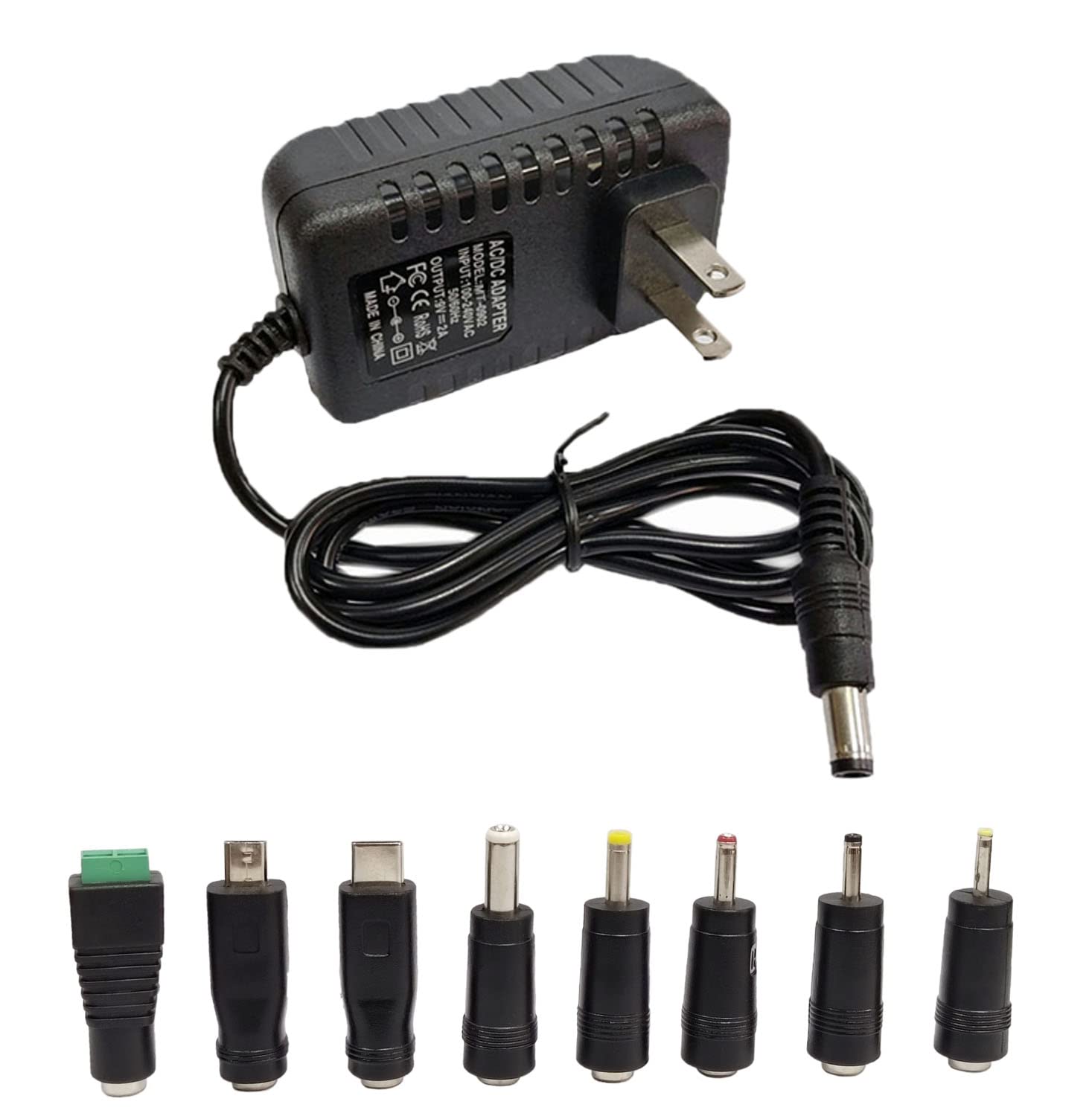 MTYTOT 9V 2000mA 18W Power Supply Adapter 100-240V AC to DC 9Volt 2A Transformers Switching Power Supply with 8Tips 5.5x2.5mm 4.0x1.7mm 3.5x1.35mm 3.0x1.1mm 2.5x0.7mm Micro-USB Type-C