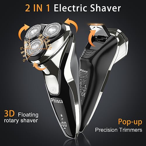 Phisco Electric Shaver Razor for Men Floating Rotary, IPX7, LED Display, Rechargeable, Dry/Wet, Pop-Up Beard Trimmer (Black)