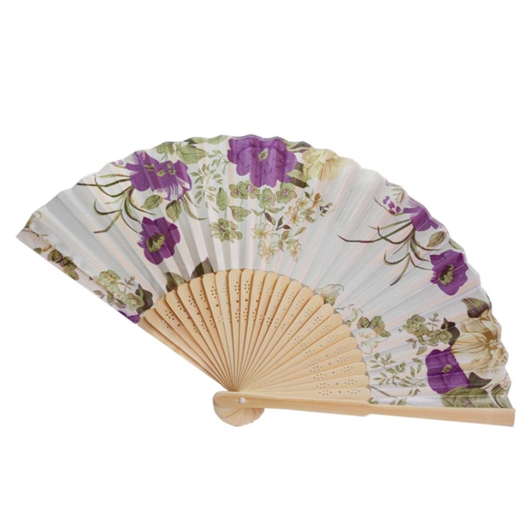 Fineser Chinese Vintage Bamboo Folding Hand Held Flower Fan Dance Party Pocket Gifts (I)