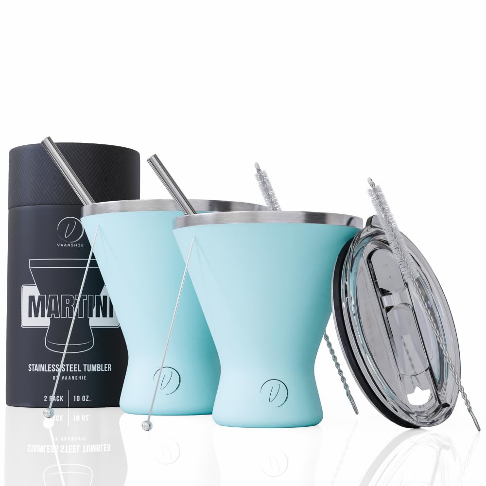 vaanshie Stainless Steel Martini Glass [Pack of 2] – 10oz, Blue, Powder Coated, No Sweat, Double Wall Margarita Tumbler for Cocktails and Cold Drinks | Barware & Kitchen