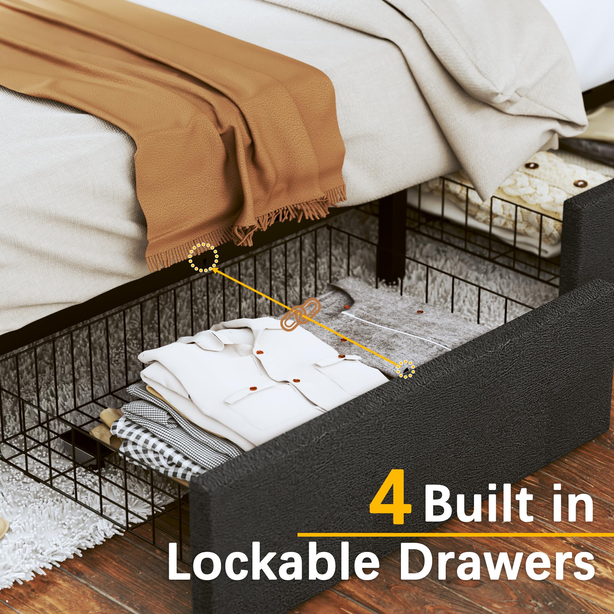 Fluest Queen Bed Frame with Headboard Storage Drawers of 4 Upholstered Bed Frame Platform Adjustable Headboard Wooden Slats Support/No Box Spring Needed/Easy Assembly/Mattress Foundation,Grey
