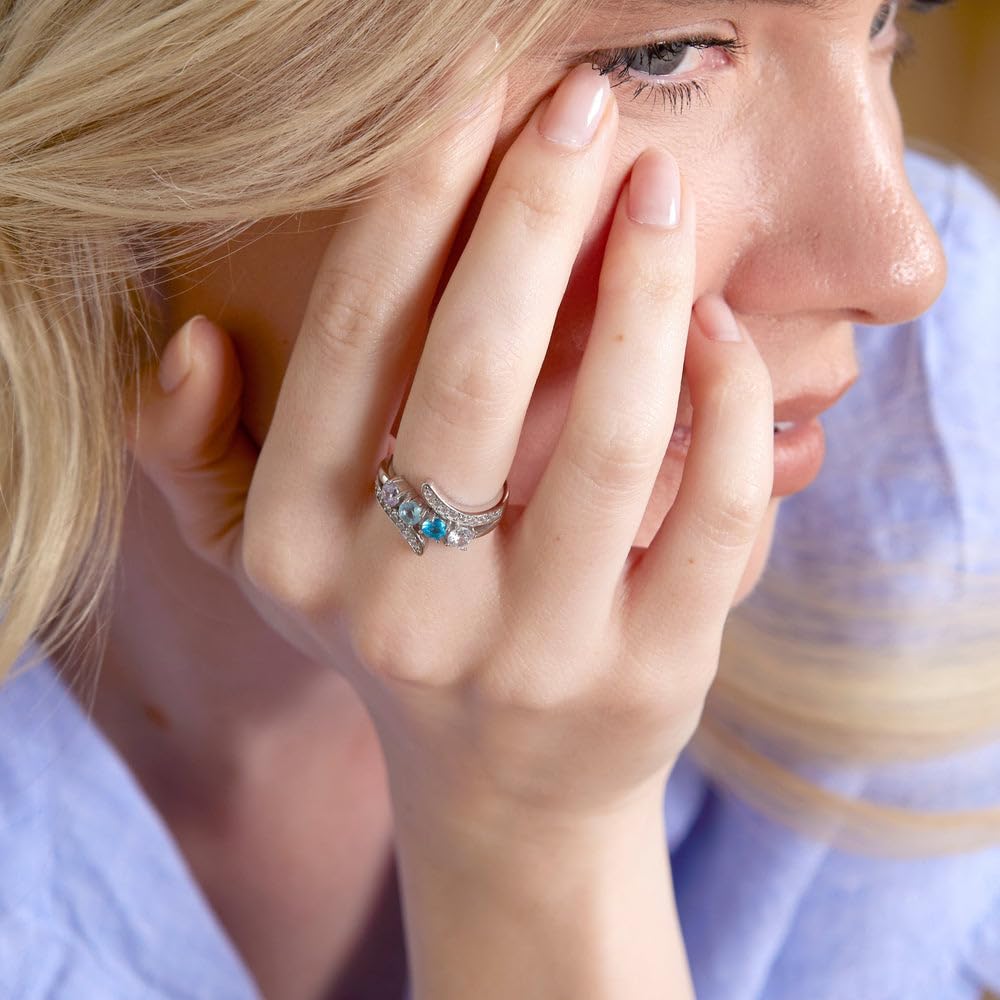 EVE'S ADDICTION Women's Sterling Silver Custom 4 Stone CZ Bypass Simulated Birthstone Mother's Ring, sizes 5 - Personalized Birthstone Ring for Mom - Mother and Child Ring for Her - Gifts for Mom