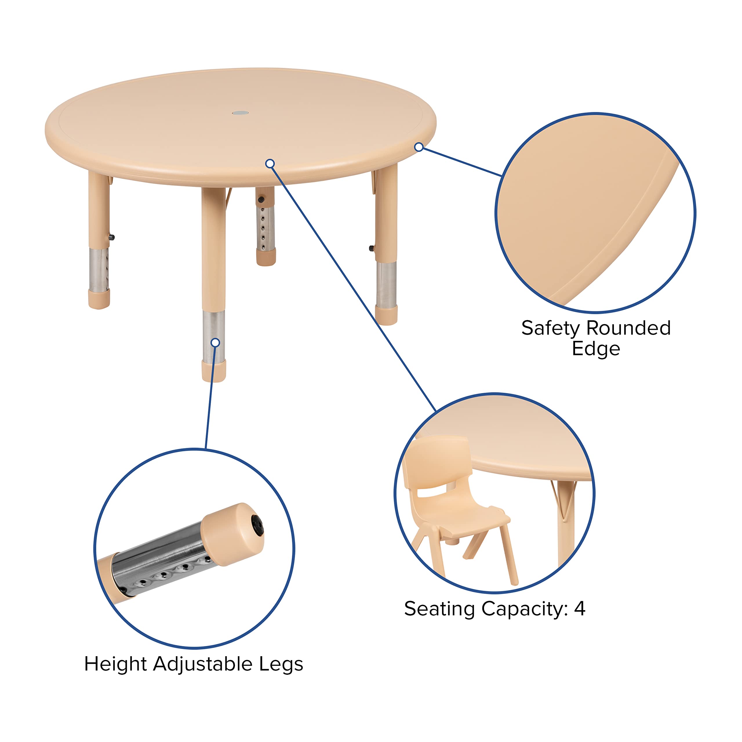 Flash Furniture 33" Round Natural Plastic Height Adjustable Activity Table