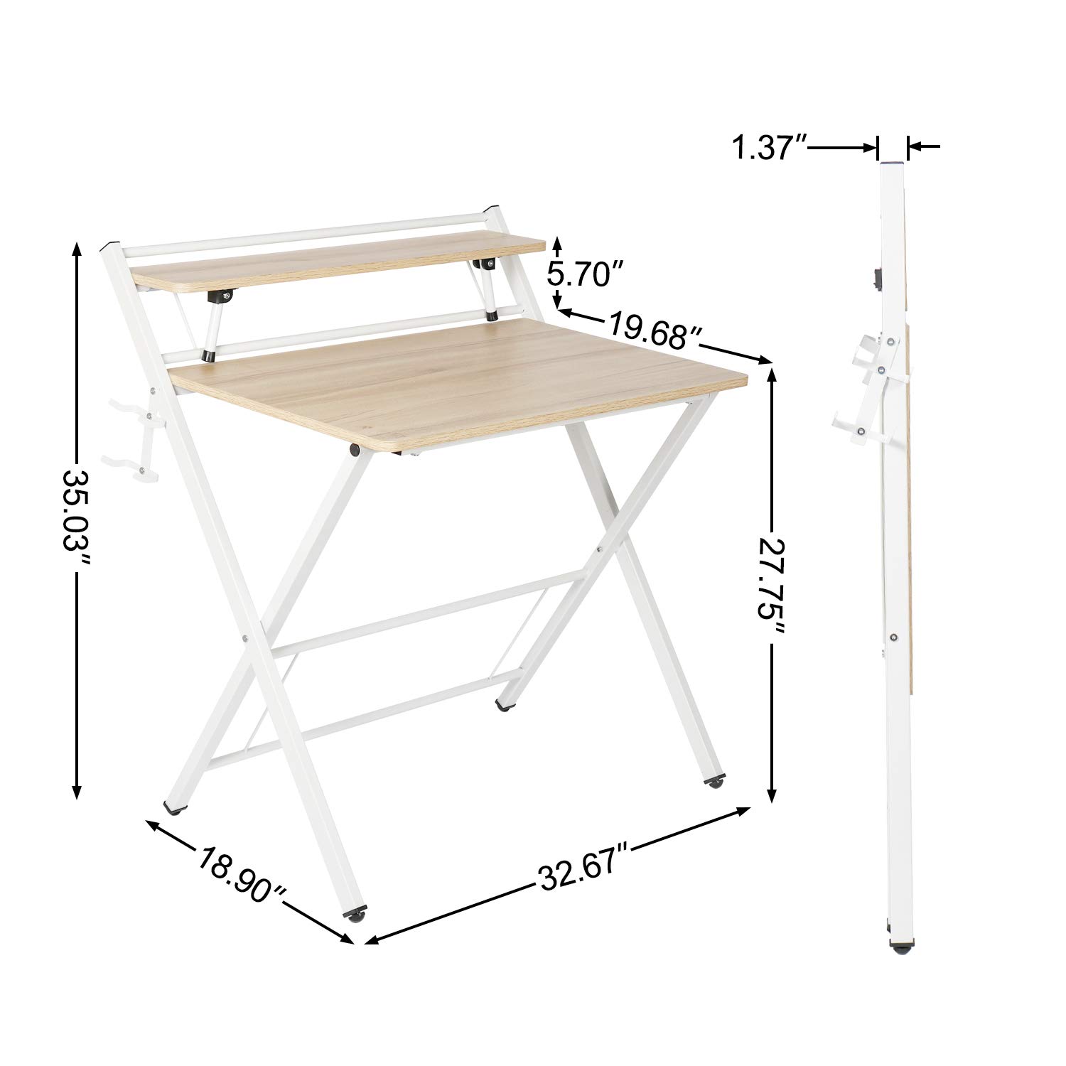Folding Desk for Small Spaces, 32 Inches Modern Laptop Table, 3 Steps Assembly, Study Writing Computer Desk for Home Office with Shelf (Light Brown)