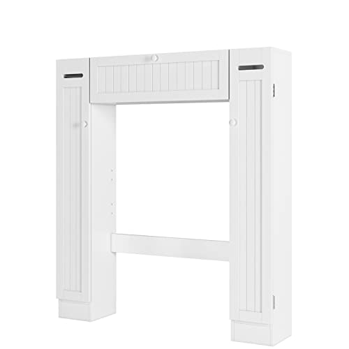 Over-The-Toilet Storage Cabinet with 2 Side Doors, Freestanding Toilet Cabinet Organizer with Adjustable Shelves & Paper Holder, Bathroom Space Saver with Pull-Down Door, Toilet Rack, White