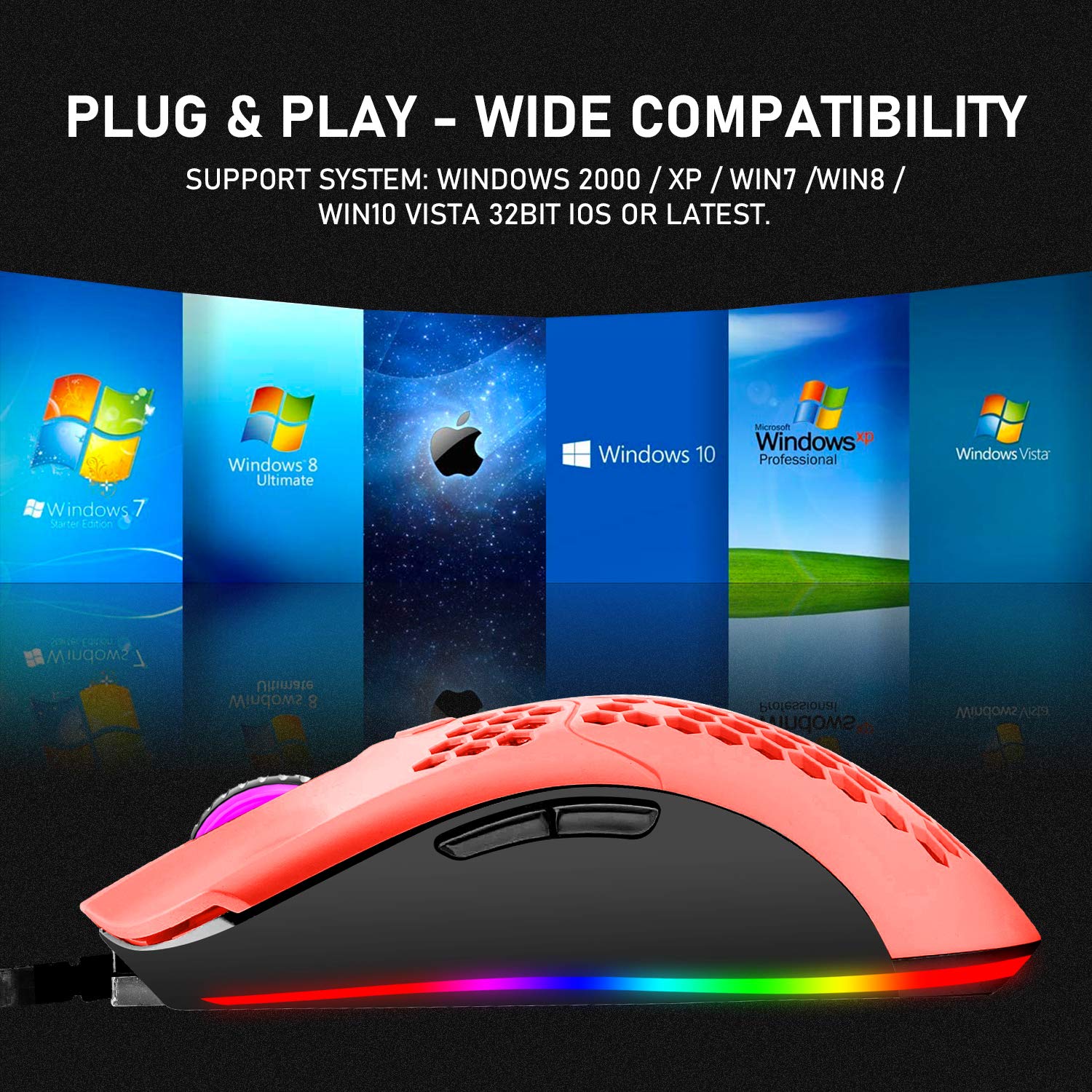 FELICON Wired Lightweight Gaming Mouse, 6400DPI Backlit Mice with 7 Buttons Programmable Driver,Ultralight Honeycomb Shell Ultraweave Cable Mouse Compatible with PC Gamers and Xbox and PS4 Users(Red)