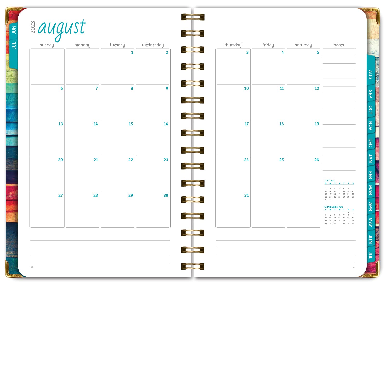 HARDCOVER Academic Year 2023-2024 Planner: (June 2023 Through July 2024) 5.5"x8" Daily Weekly Monthly Planner Yearly Agenda. Bookmark, Pocket Folder and Sticky Note Set (Rainbow Oak)