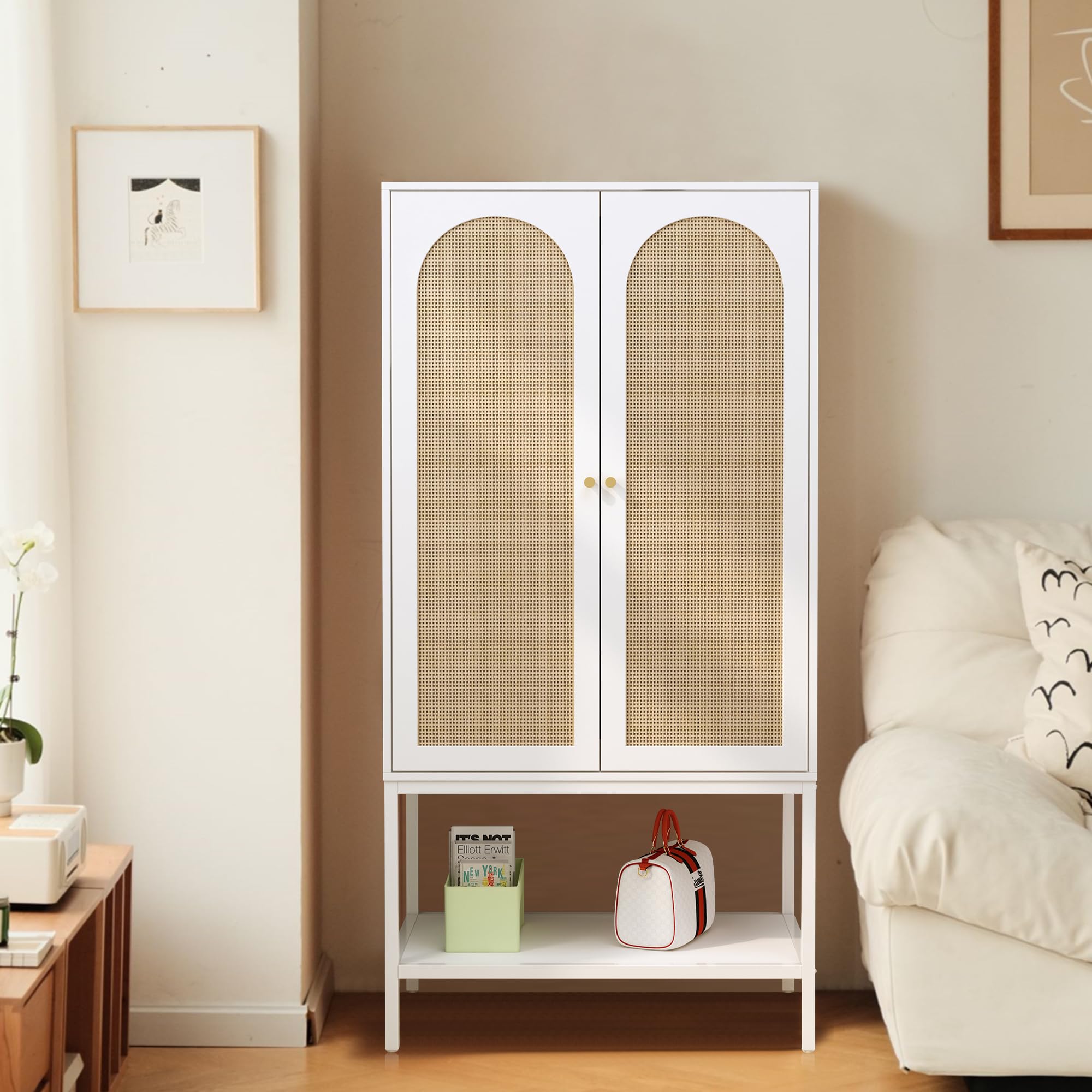 FOKWE Wardrobe Closet with 2 Doors, Rattan Wardrobe Cabinet with Shelves and Hanging Rail, Bedroom Independent Wardrobe Closet (White)