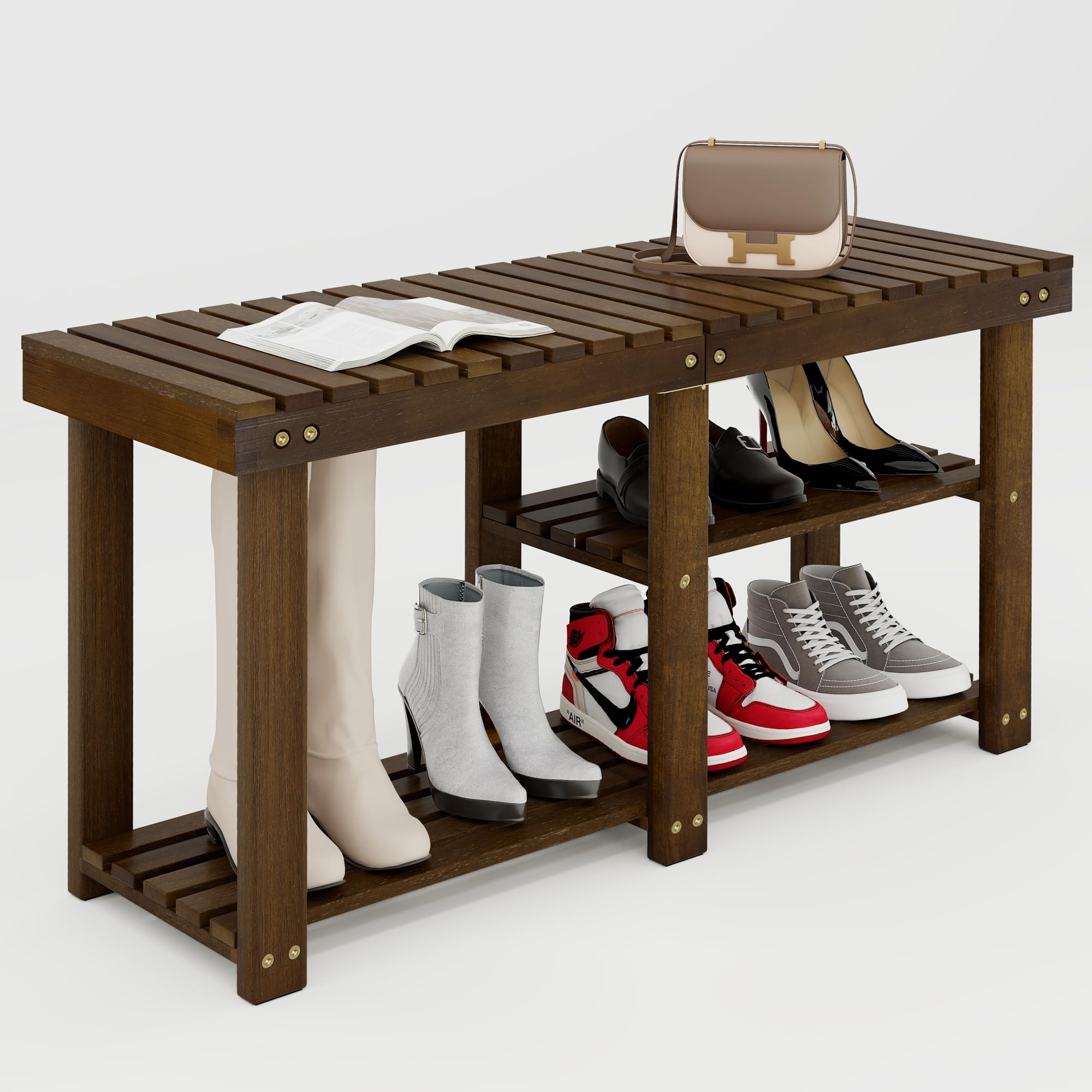 FLYJOE Shoe Rack Bench, 3-Tier Freestanding Wooden Shoe Organizer with Seat, Entryway Bench, Storage Shelf for Kitchen Living Room Bathroom Bedroom, Walnut