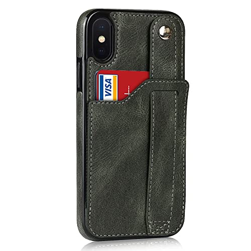 Phone Case Cover Compatible with iPhone Xs Max Leather Wallet Phone Case Stand Wrist Strap Phone Case Adjustable Wrist Strap Phone Case Compatible with iPhone Xs Max Bags Sleeves ( Color : Green )